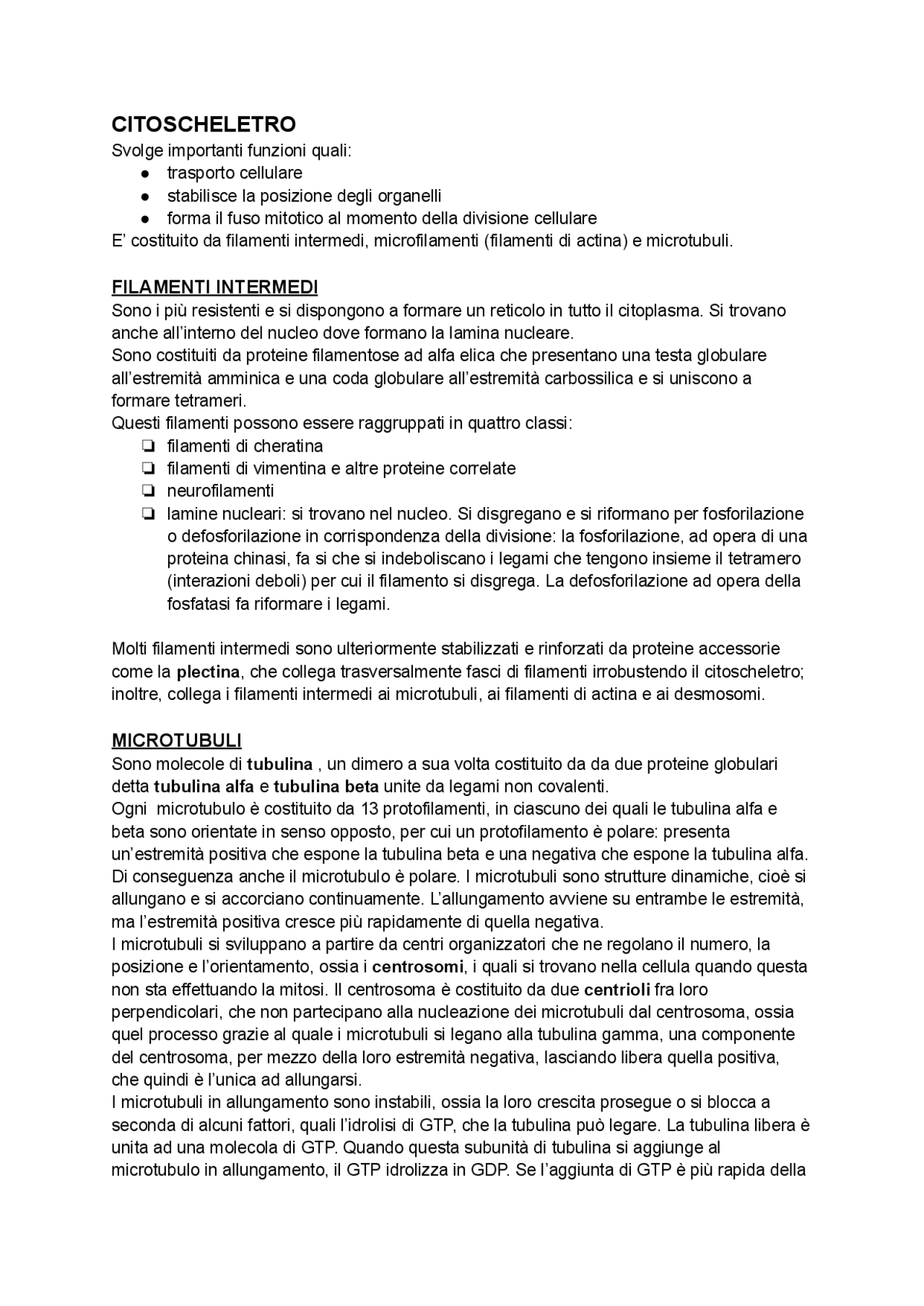 Il Citoscheletro: Filamenti Intermedi, Microtubuli e Filamenti di ...