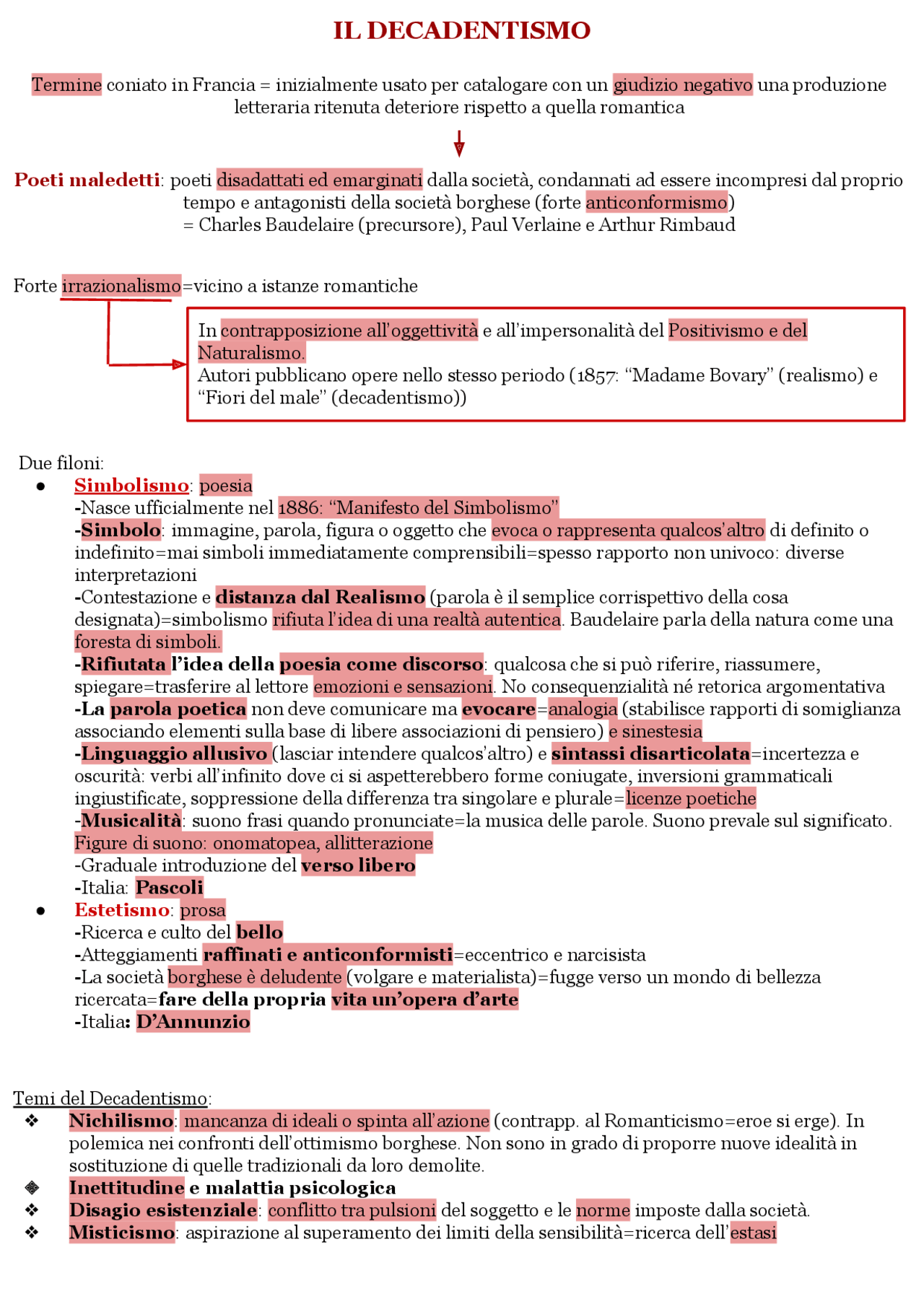 Il Decadentismo Letteratura Italiana Docsity