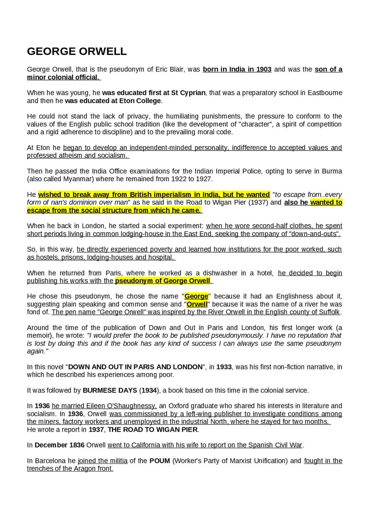 George Orwell - Biography - Docsity