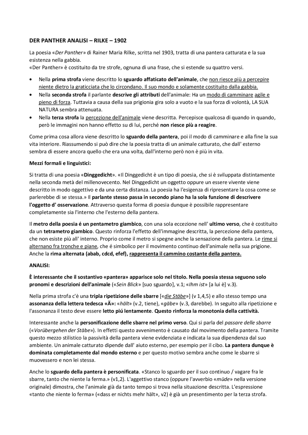 Der Panther - Rilke - Analisi | Sintesi del corso di Traduzione | Docsity