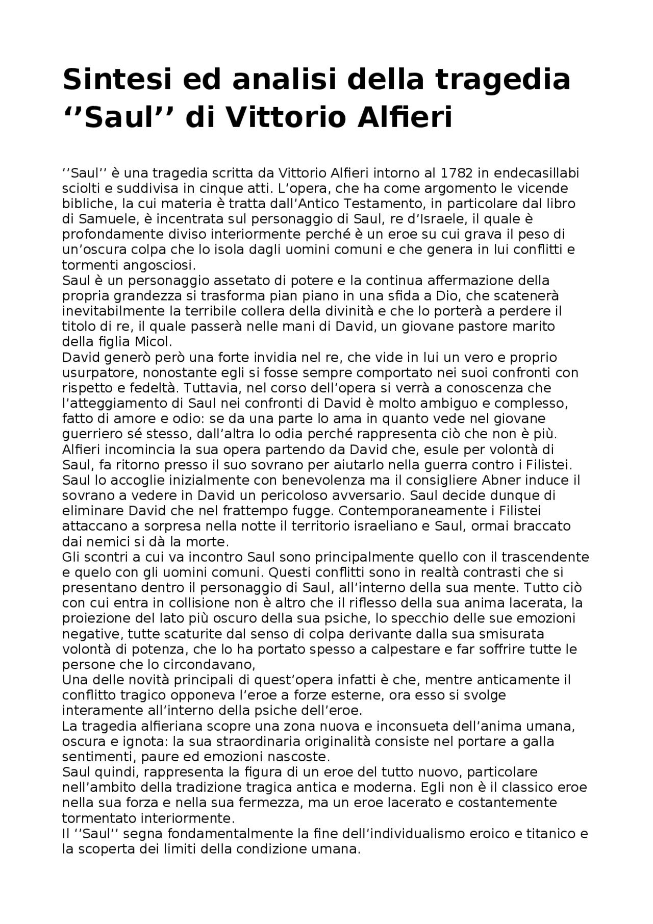 Sintesi ed analisi della tragedia “Saul” di Vittorio Alfieri | Appunti ...