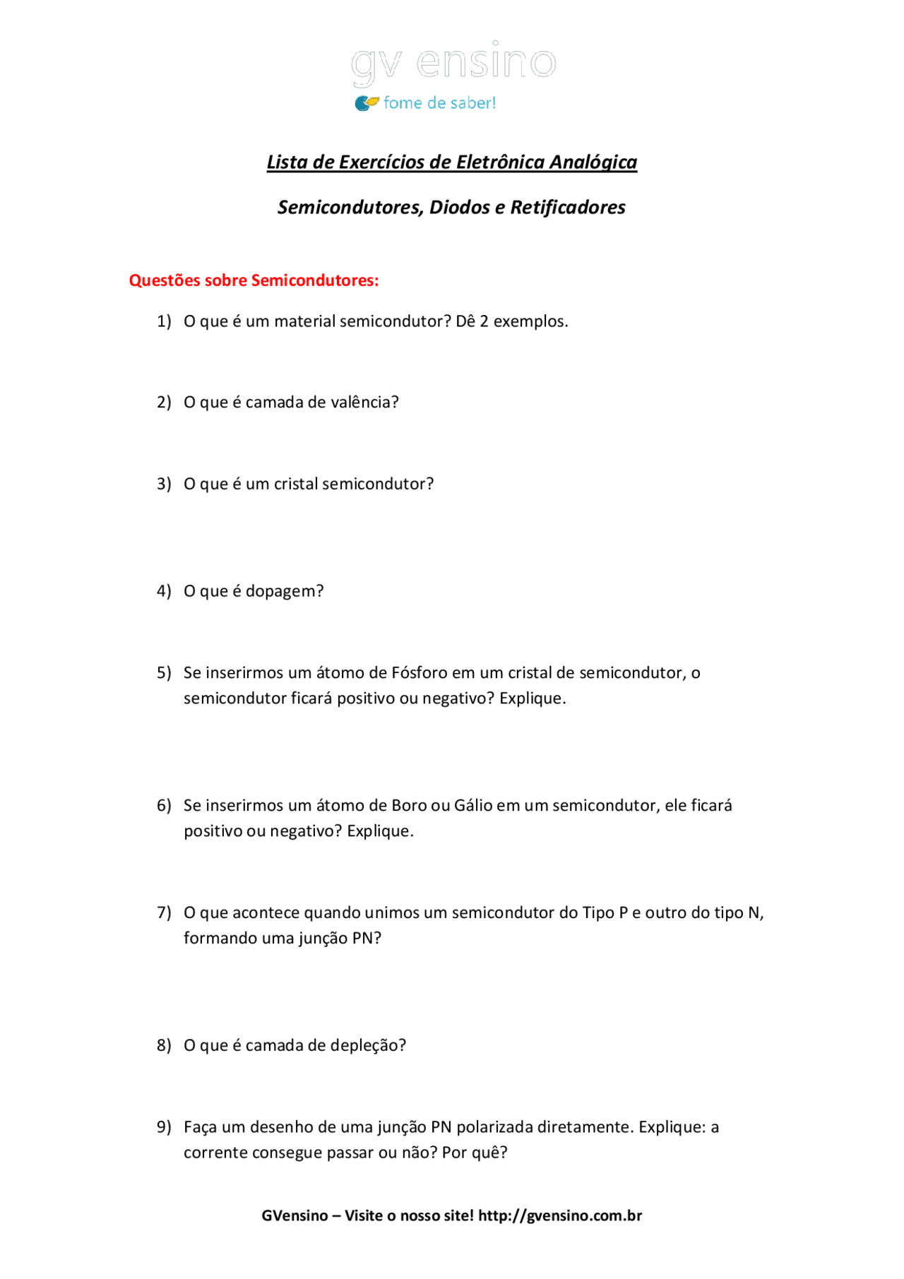 Lista De Exercicio De Eletronica Docsity