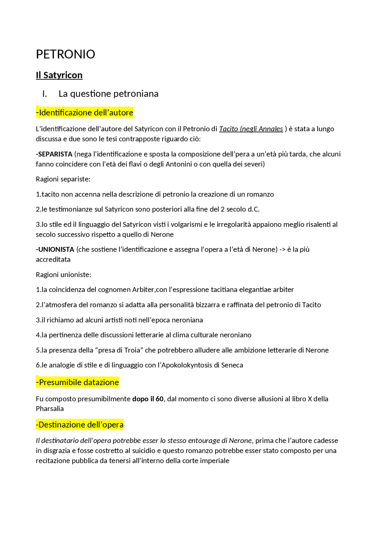 PETRONIO (SATYRICON) da BIBLIOTHECA LATINA - Docsity