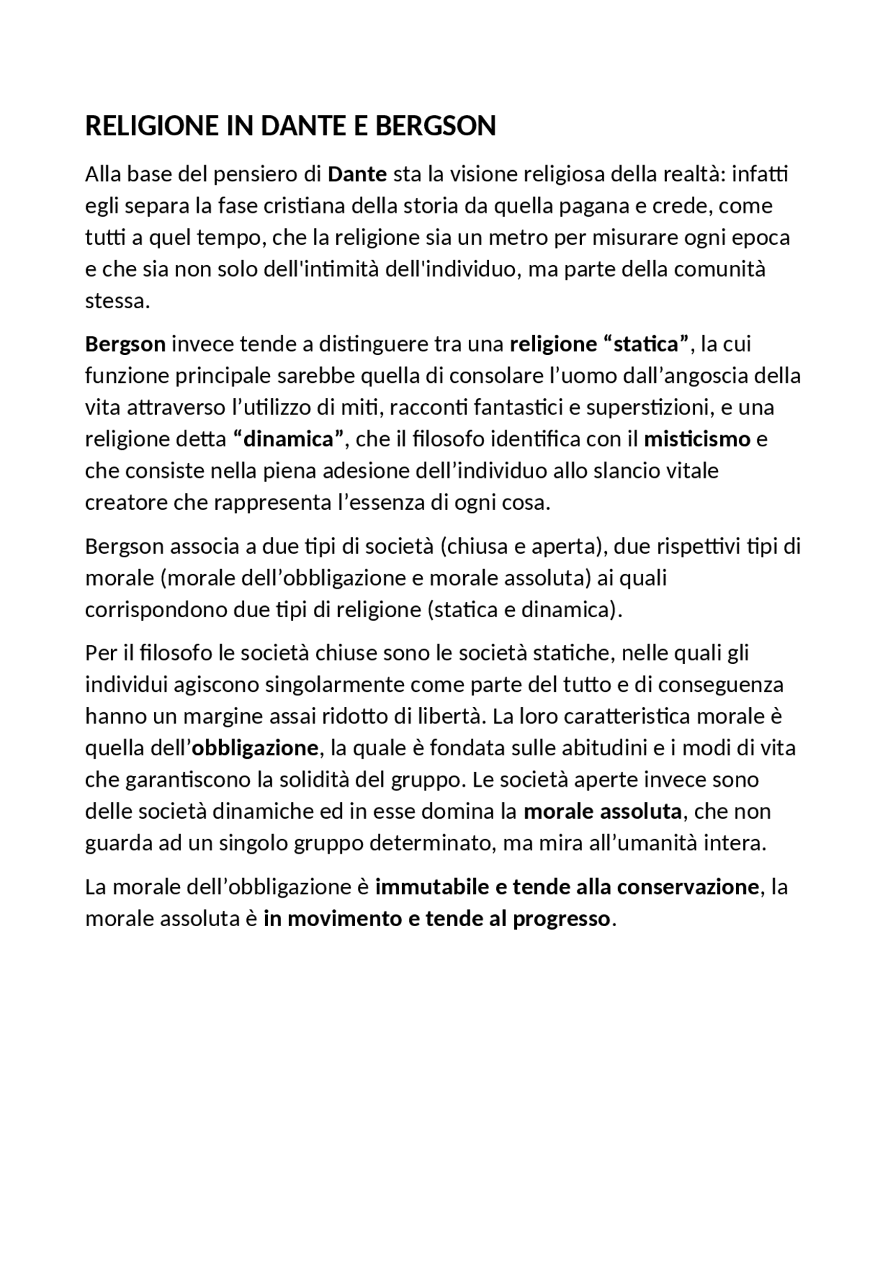 Religione in Dante e Bergson - Docsity