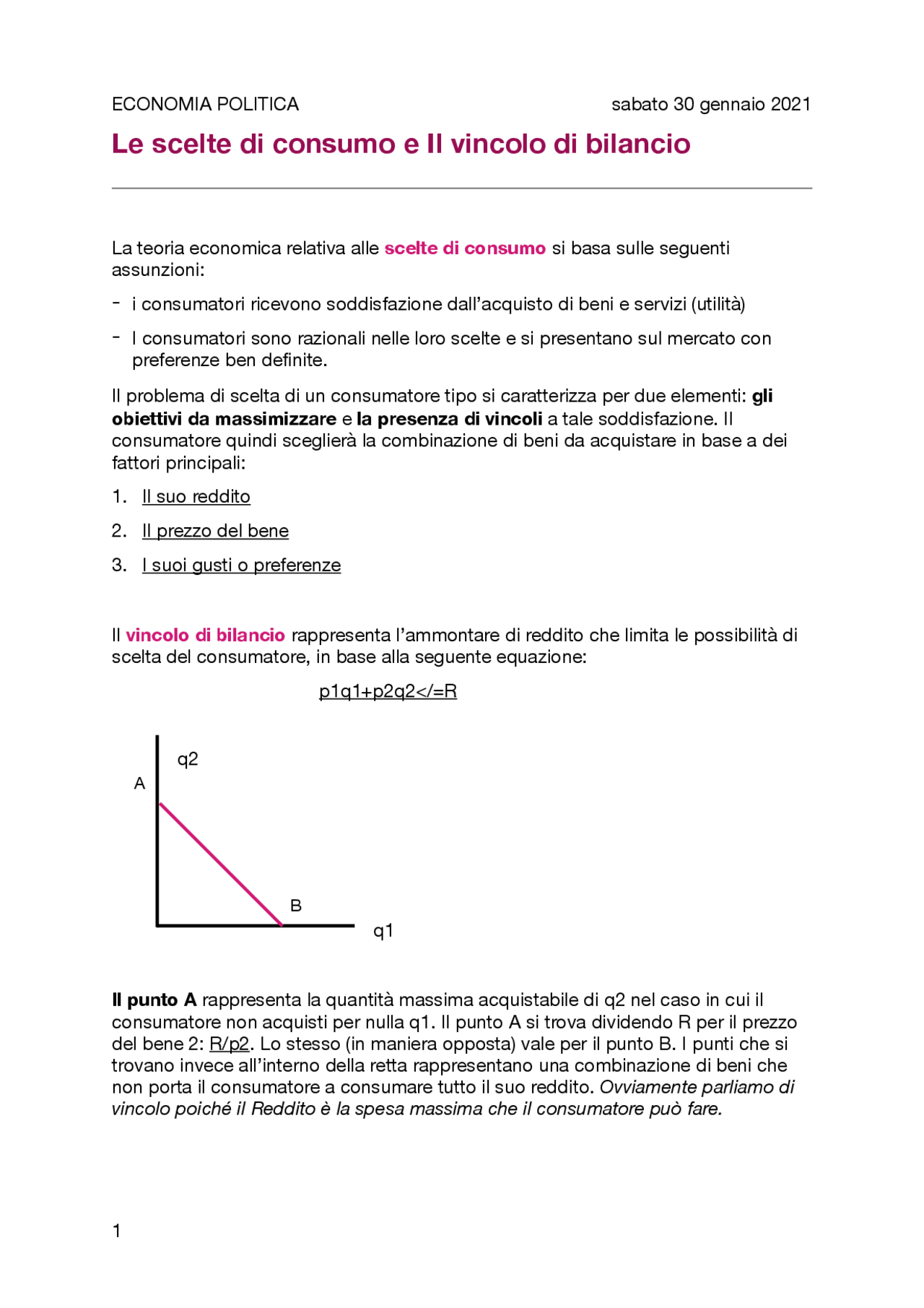 Scelte Di Consumo E Vincolo Di Bilancio Appunti Docsity