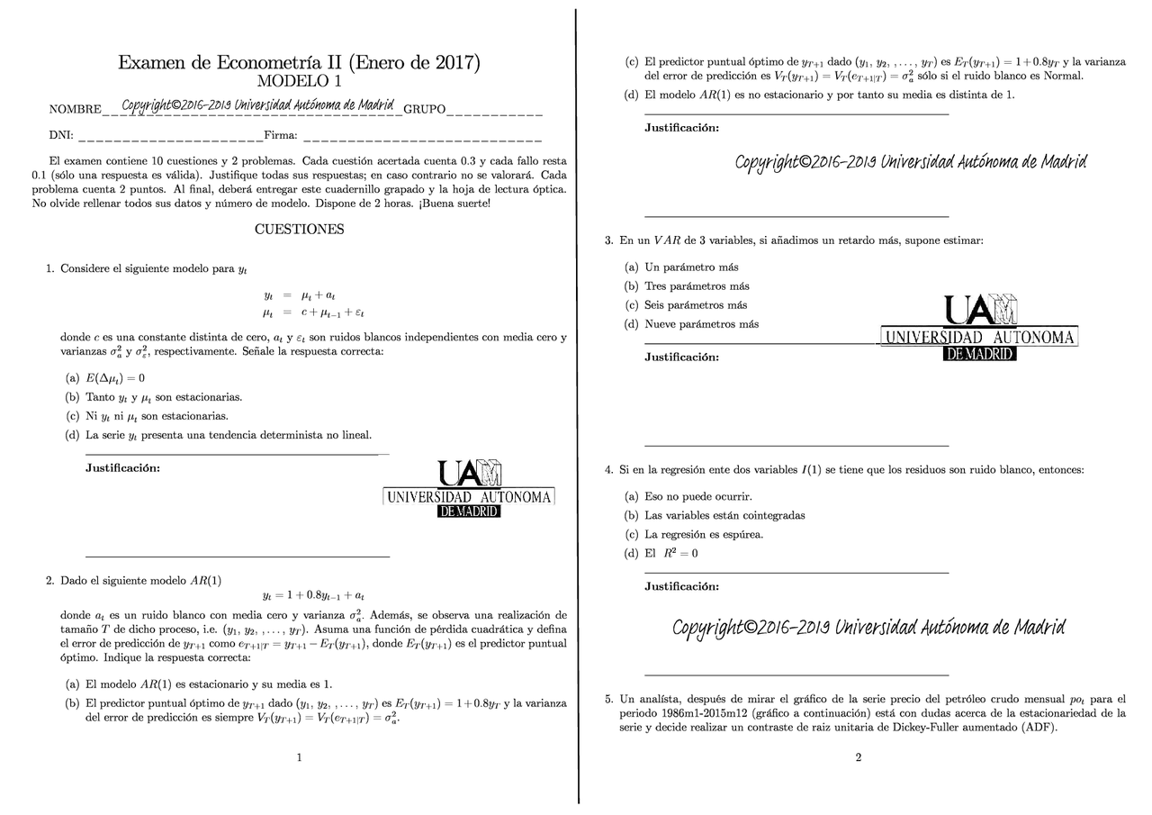 Examenes econometria 2 uam | Exámenes de Econometría | Docsity