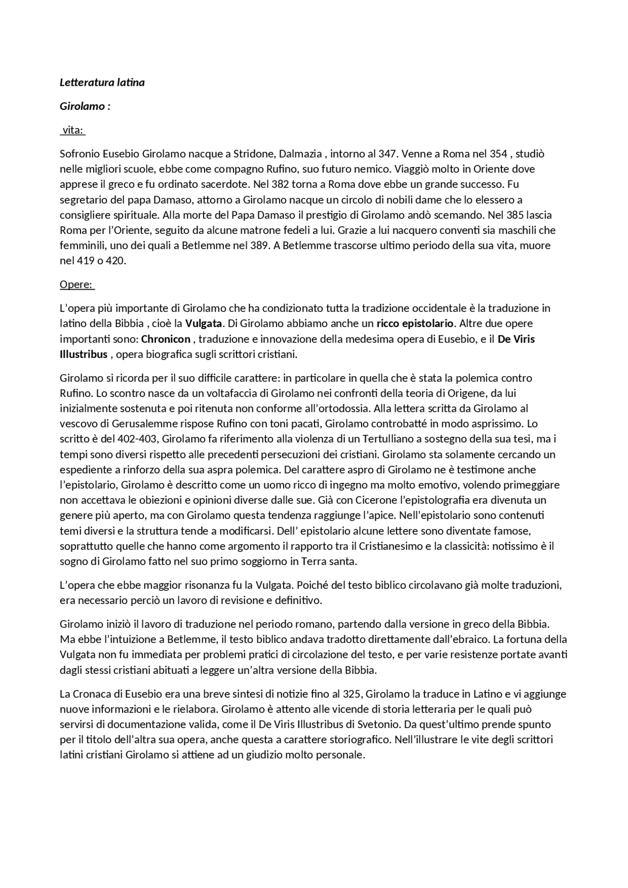 Riassunto Di Vita E Opere Di Girolamo Docsity