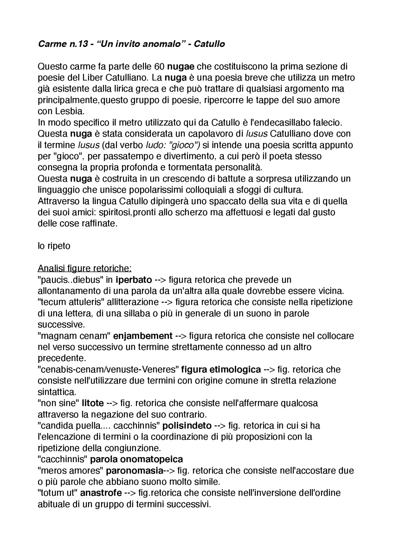 Analisi Carme N13 Catullo Docsity