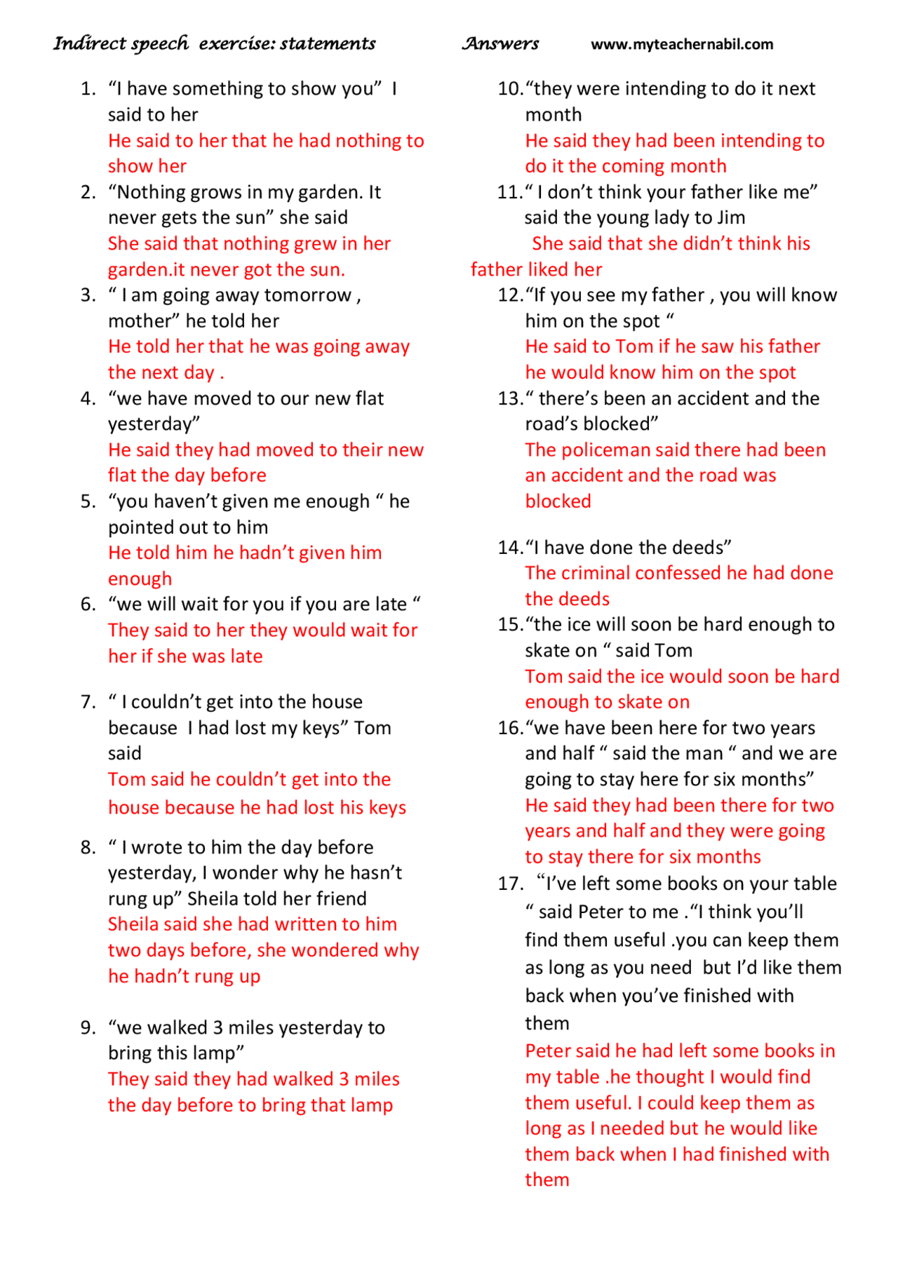 Ingles, reported- speech statements - Docsity