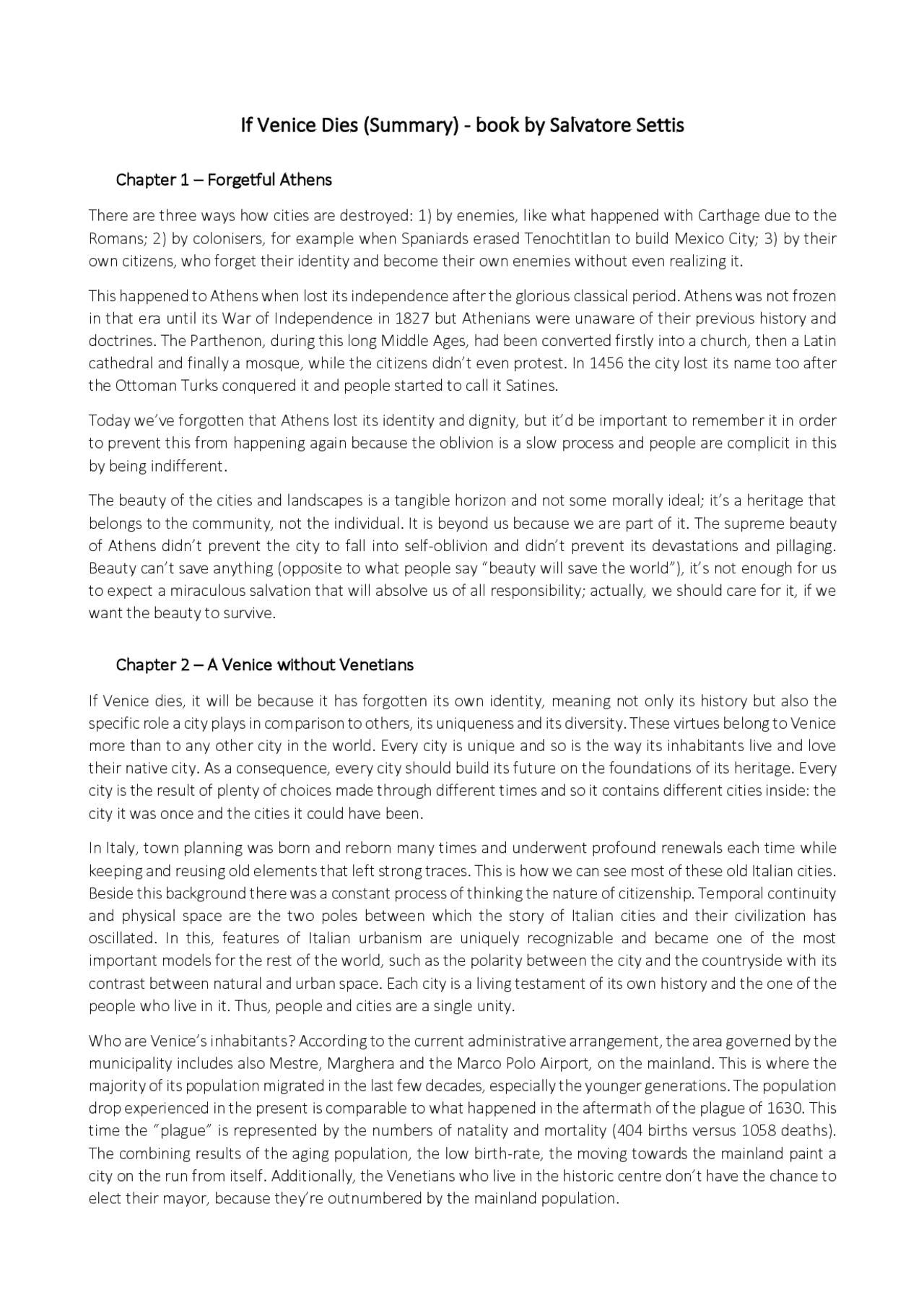 If Venice Dies (summary) by Salvatore Settis - Docsity
