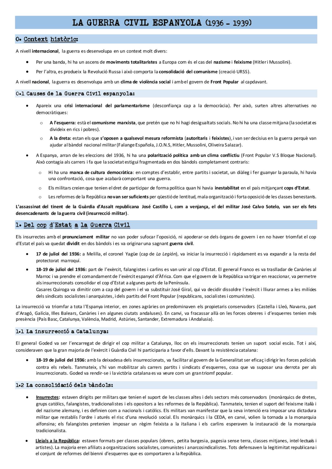Guerra Civil Espanyola | Study notes History | Docsity