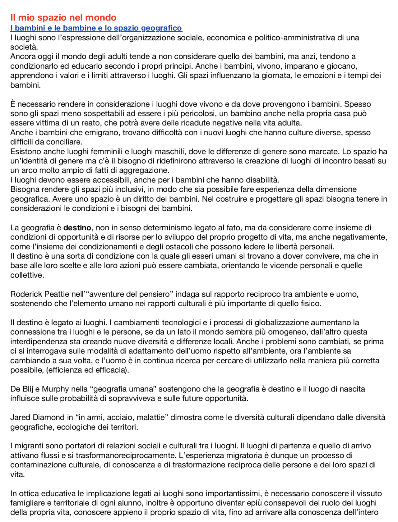 IL MIO SPAZIO NEL MONDO - riassunto - Docsity