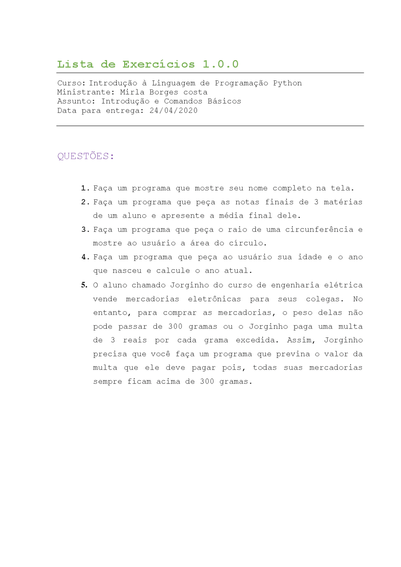 Lista De Exercícios De Python Docsity