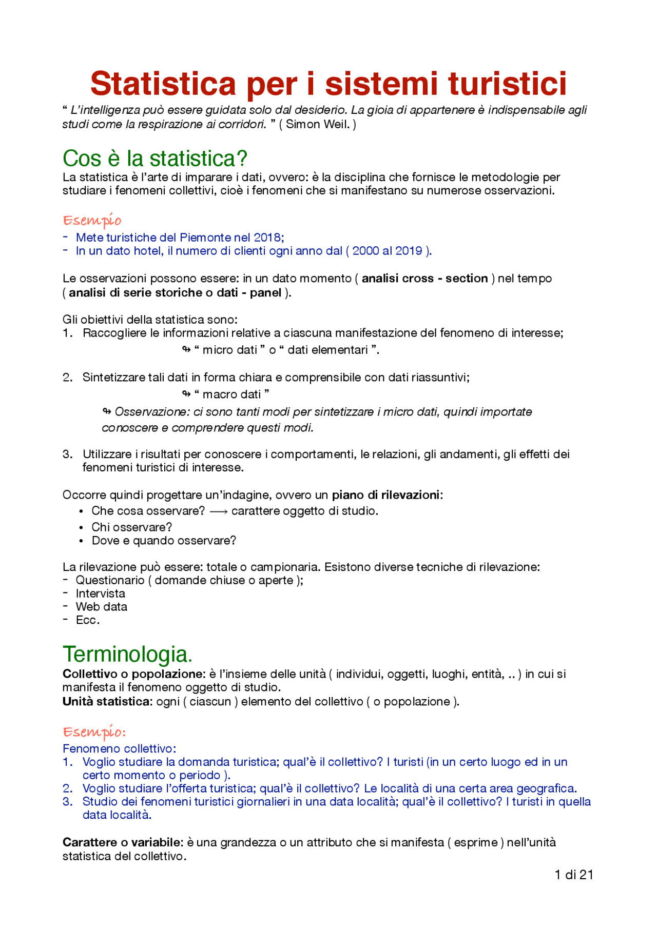 Basi di statistica per i sistemi turistici. - Docsity