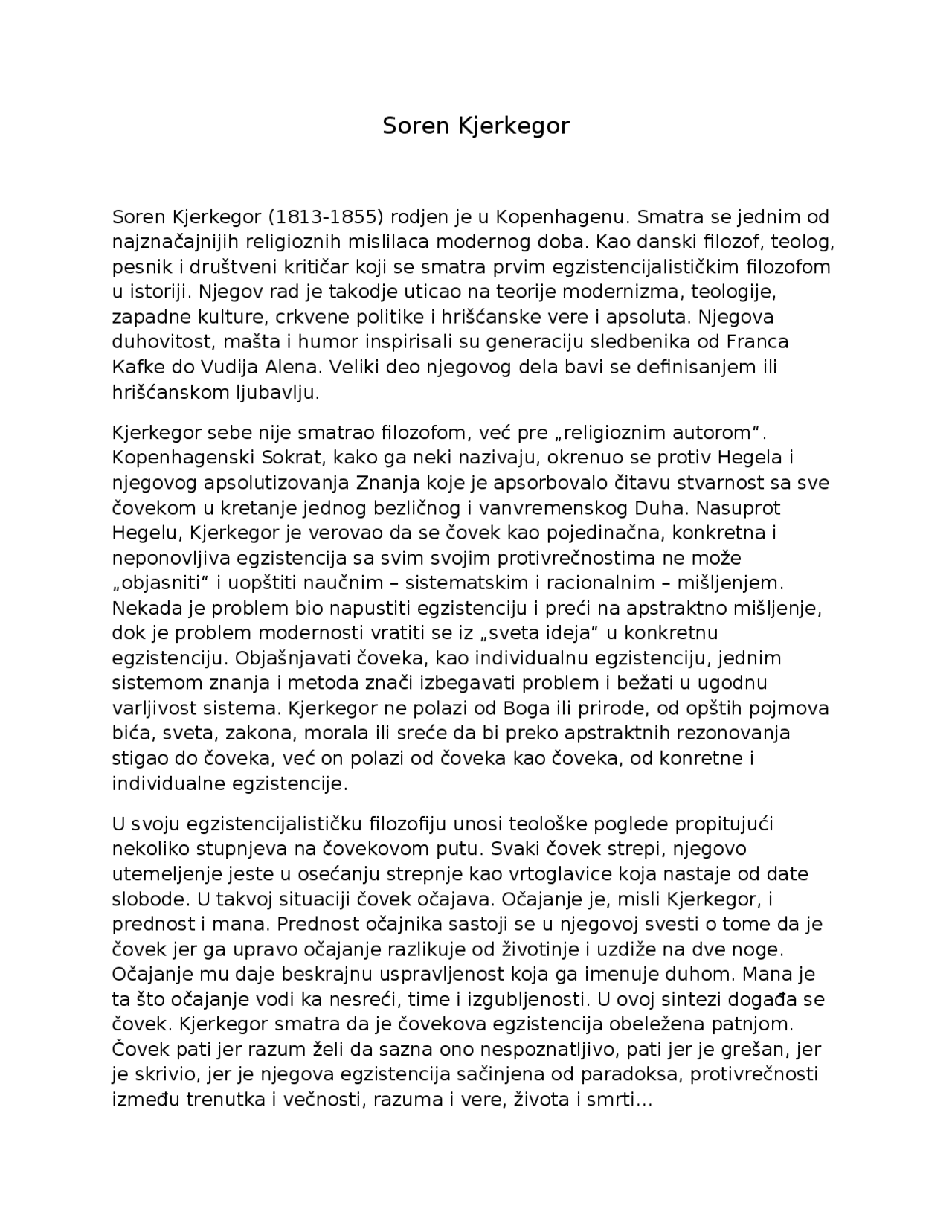 Esej O Sorenu Kjerkegoru Beleške Predlog Filozofija Docsity