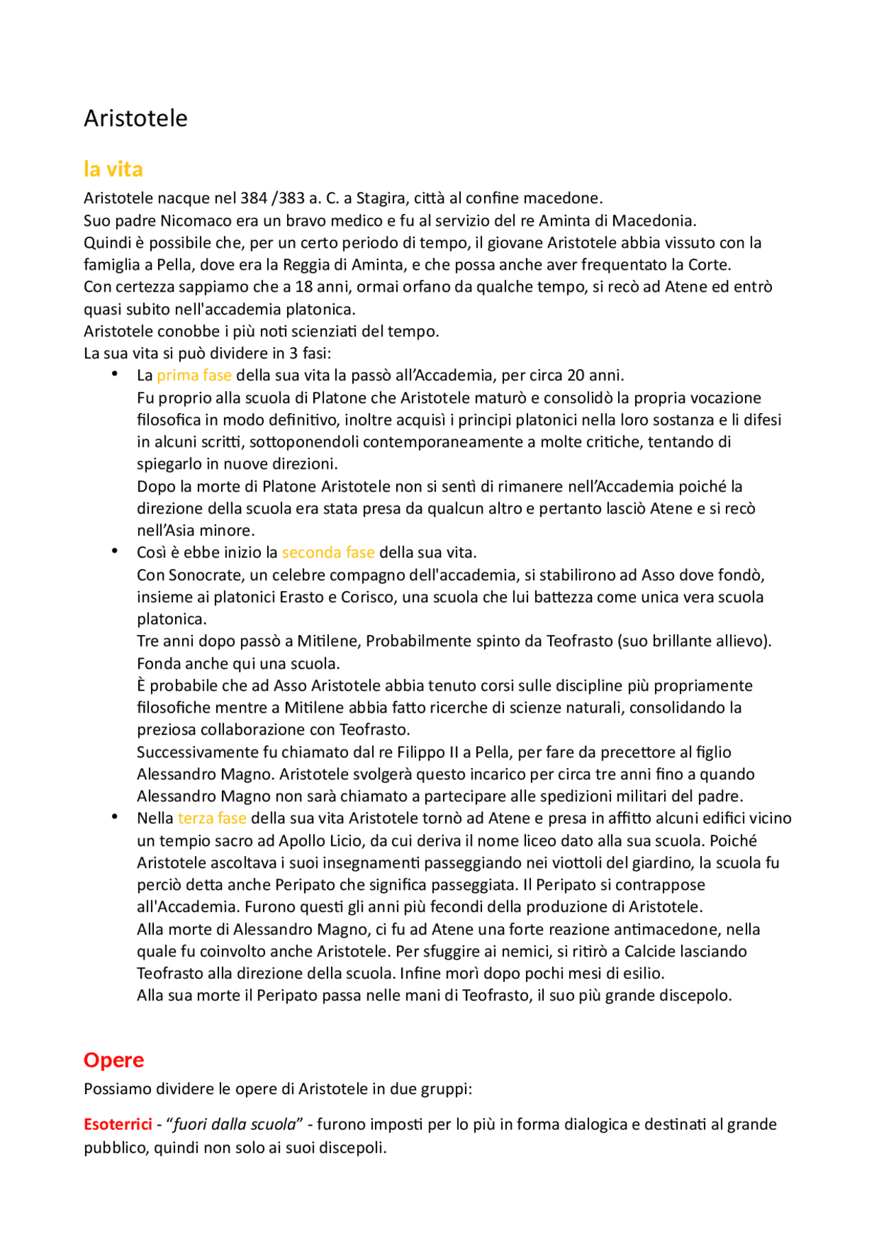 Aristotele Riassunto Docsity