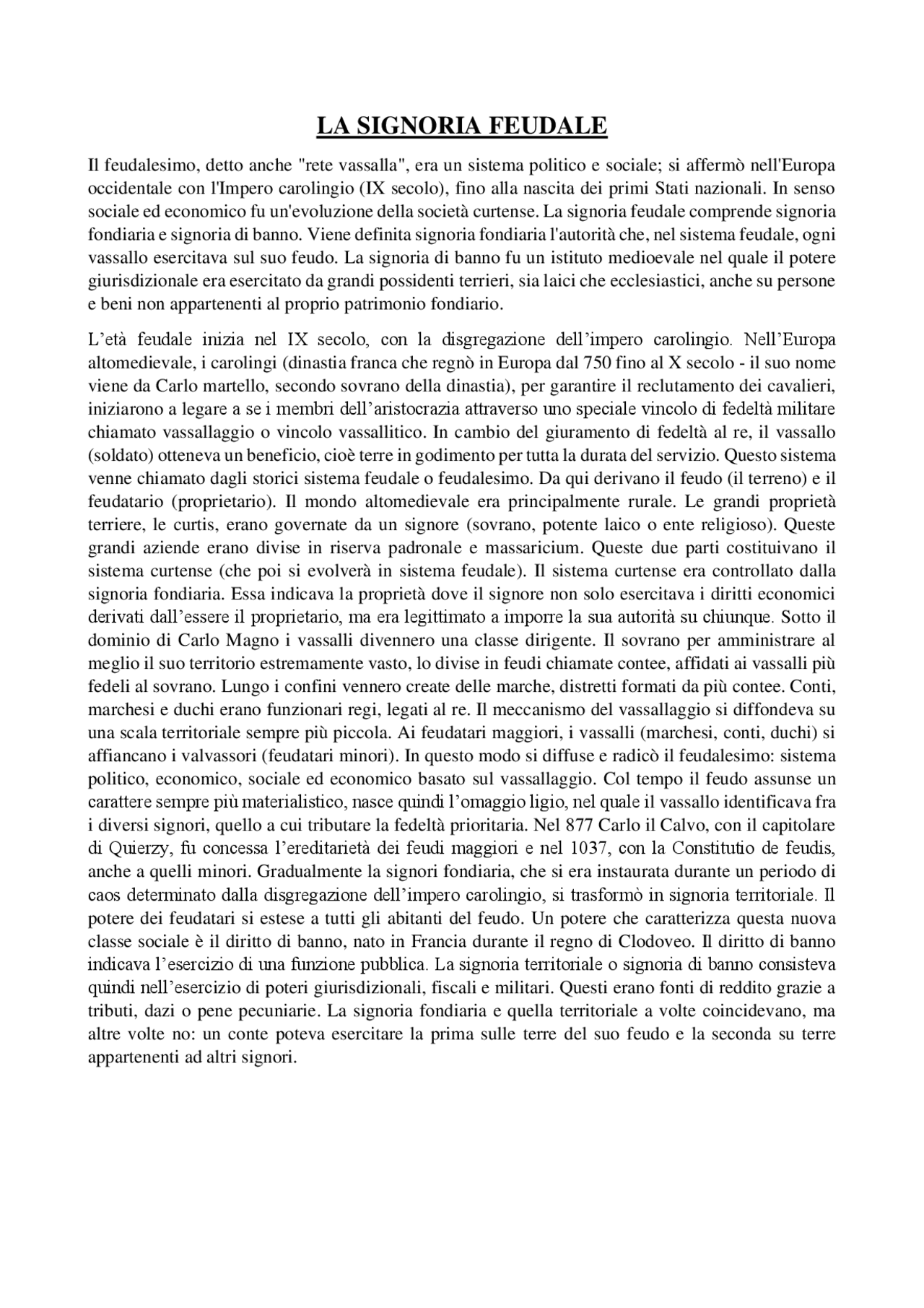 Signoria Feudale E Feudalesimo Docsity