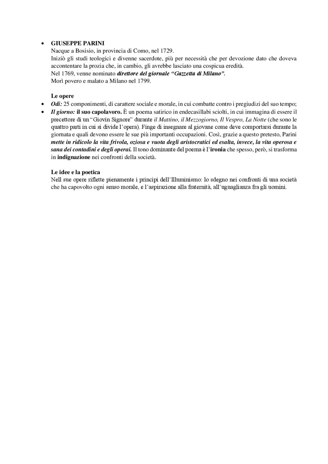 Giuseppe Parini Vita E Opere Docsity