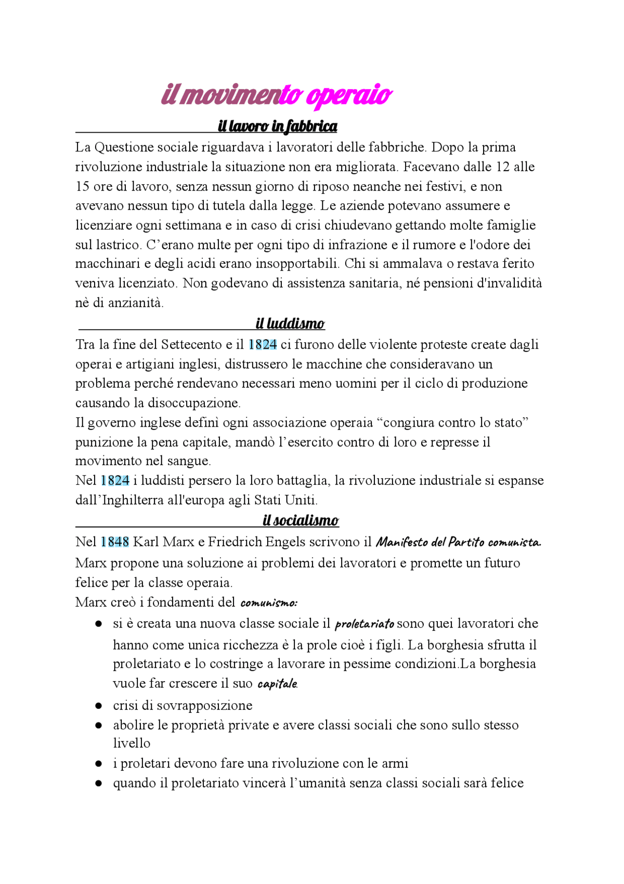 Riassunto Movimento Operaio Docsity