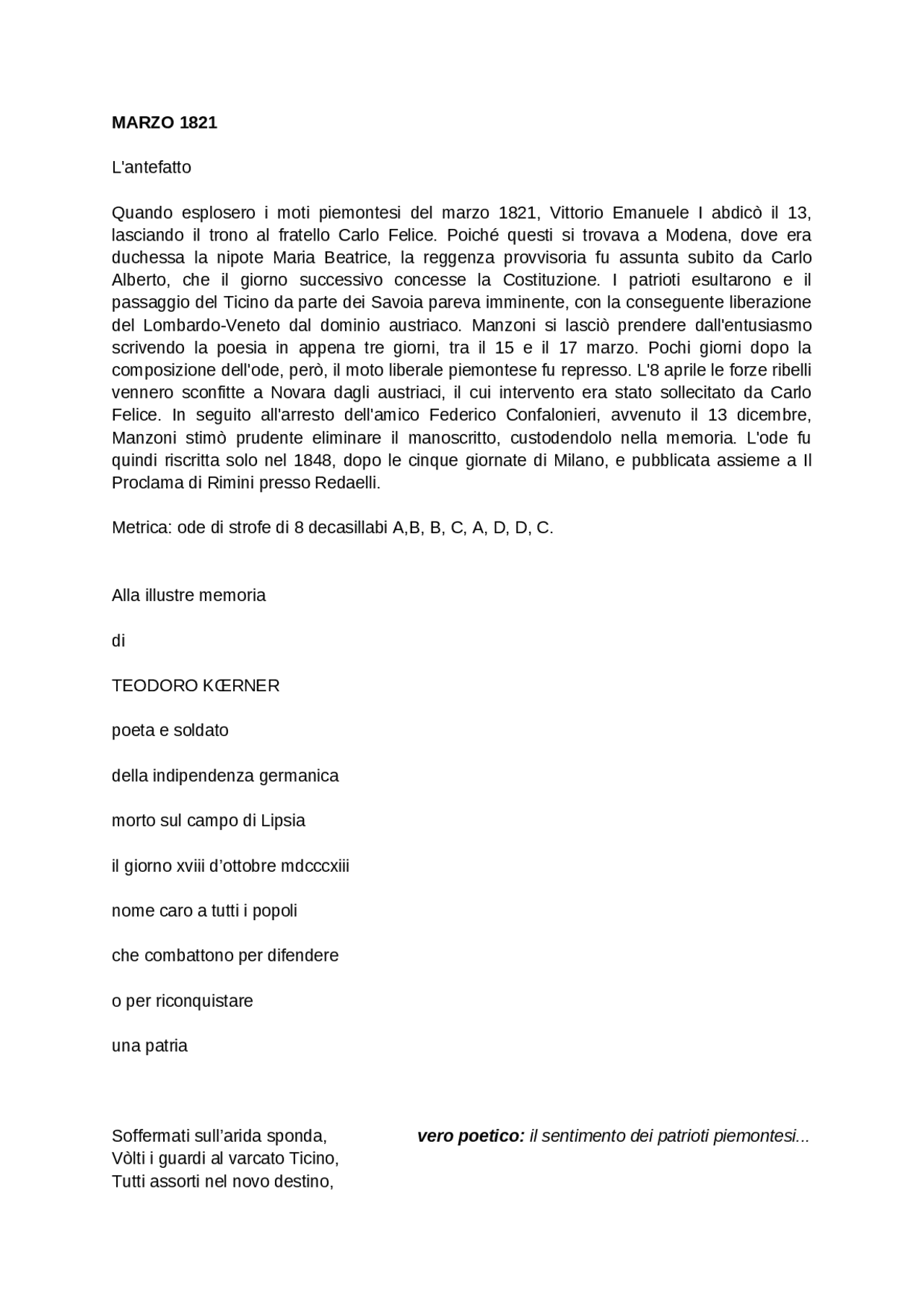 MARZO 1821 DI MANZONI | Appunti di Italiano | Docsity