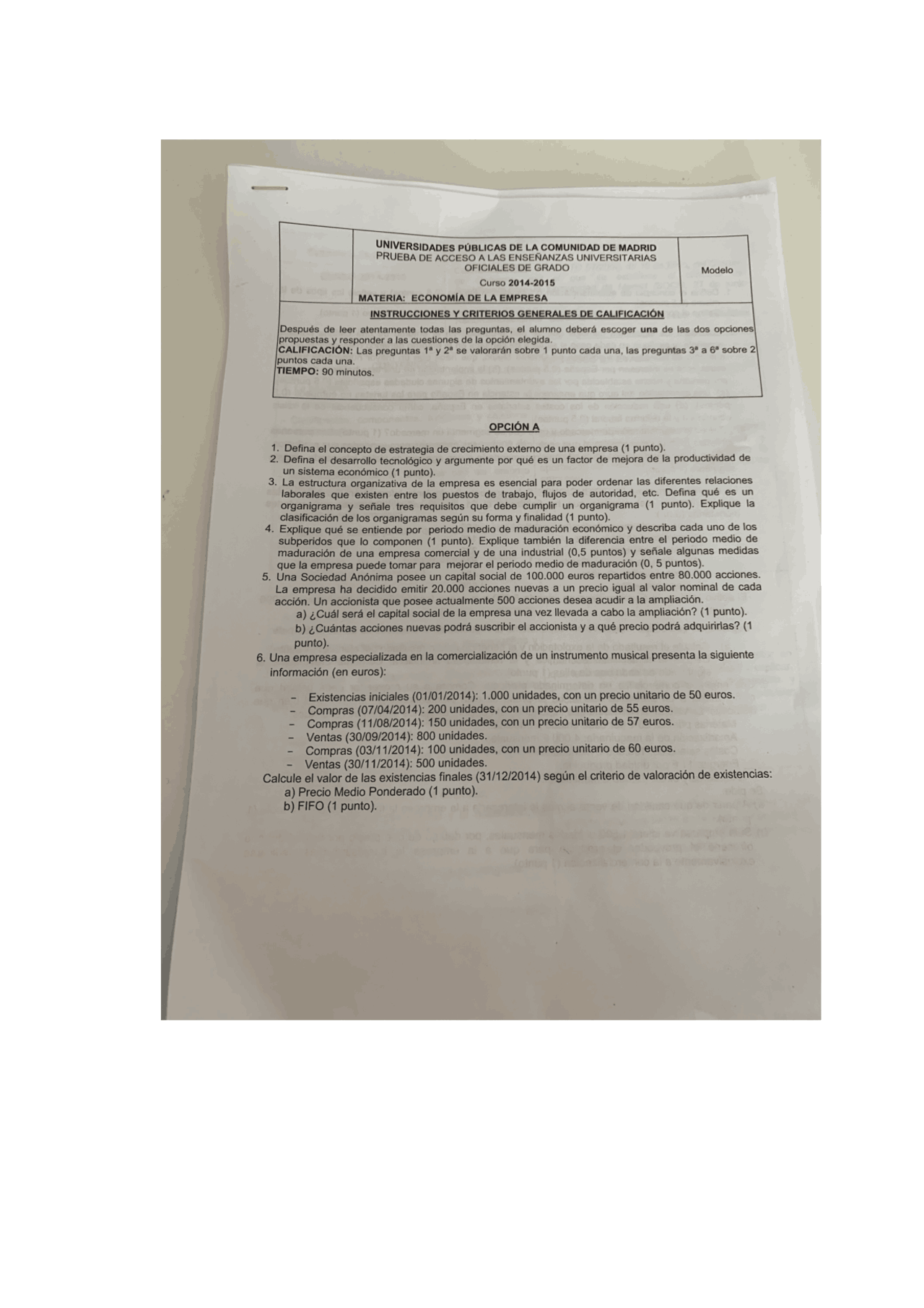Modelo Evau 2014 2015 Opci贸n A Docsity