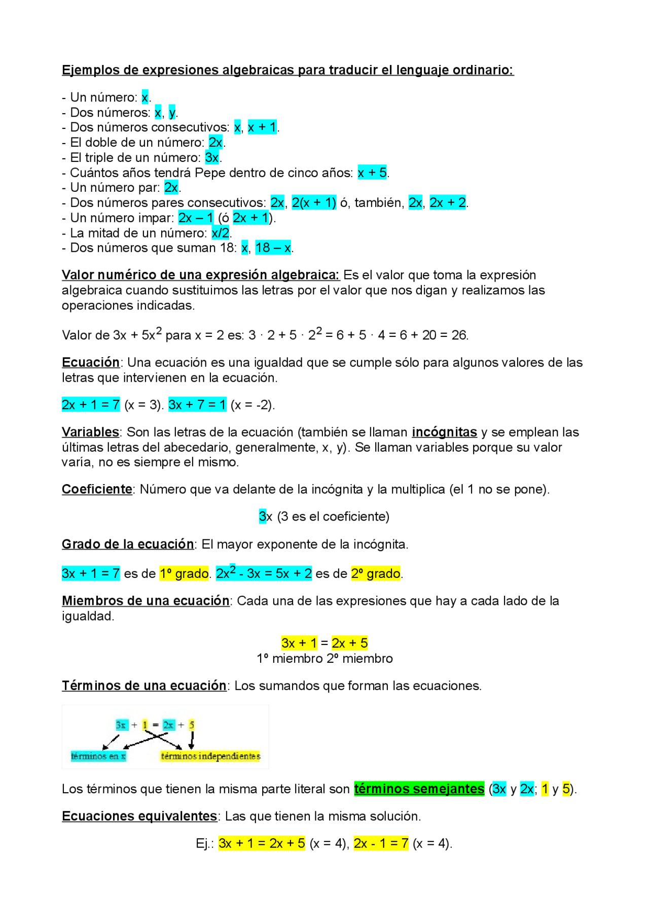 Hojas De Trabajo Para Traducir Expresiones Algebraicas