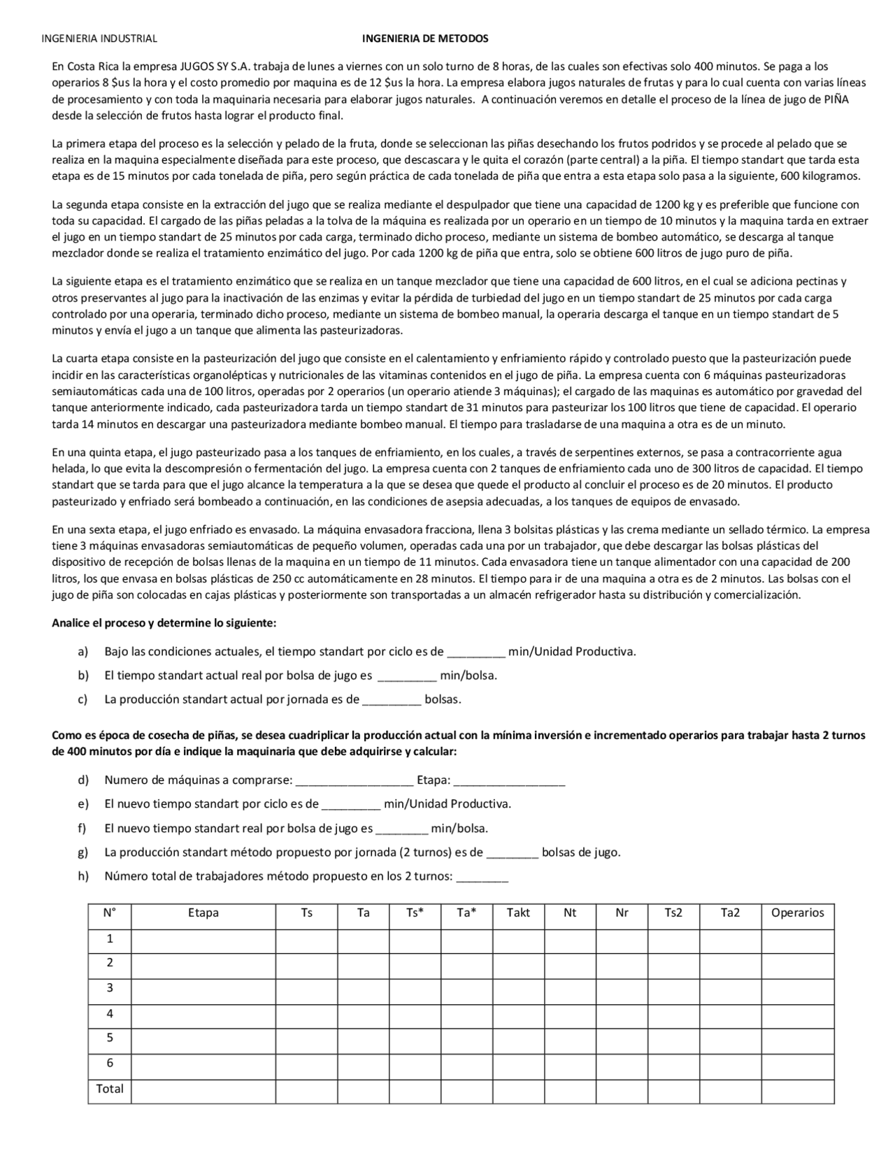 Examen De Métodos Y Reingeniería Ejercicios De Ingeniería Docsity