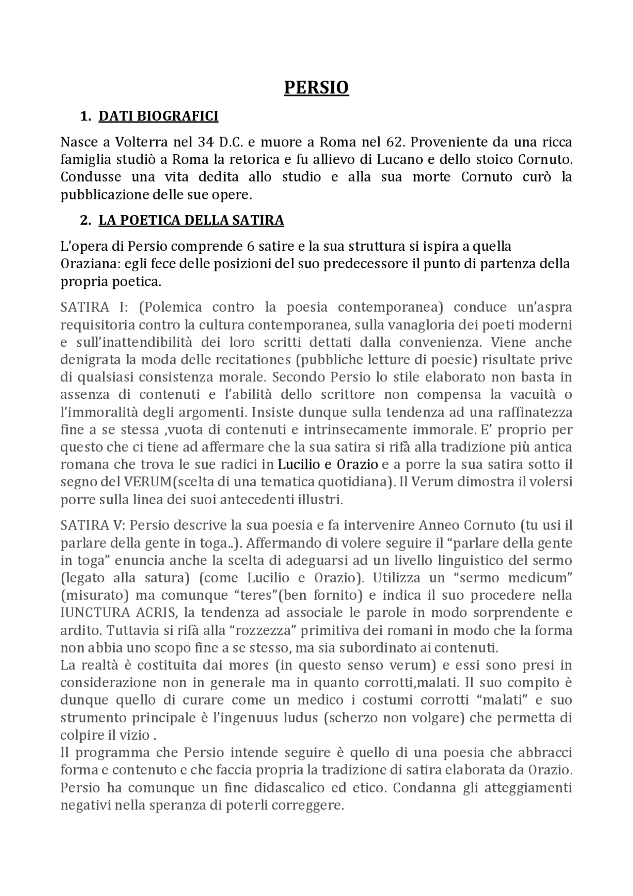PERSIO: LA SATIRA ANALISI | Dispense di Latino | Docsity