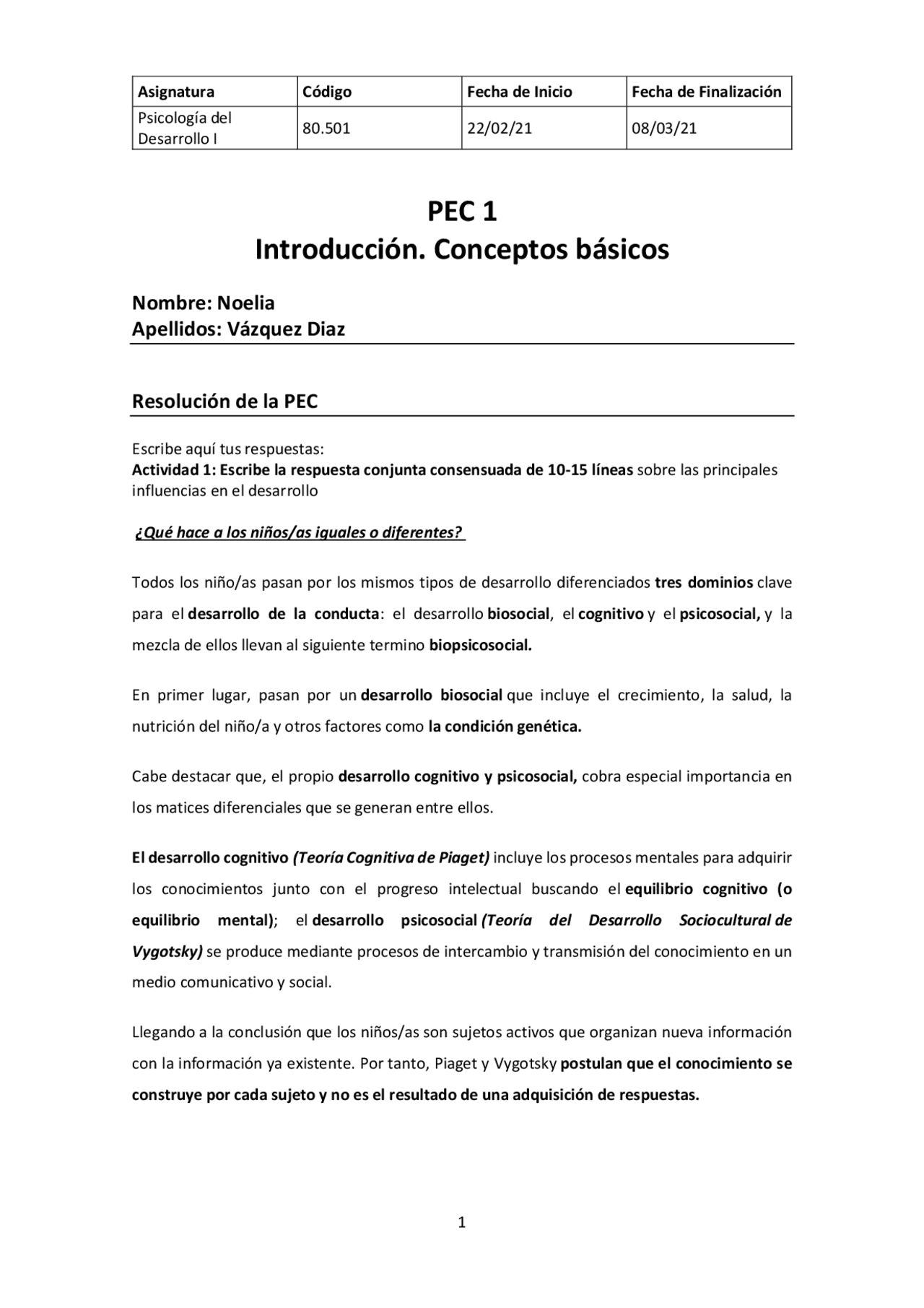 Pec 1 Psicologia Del Desarrollo Nota B Docsity