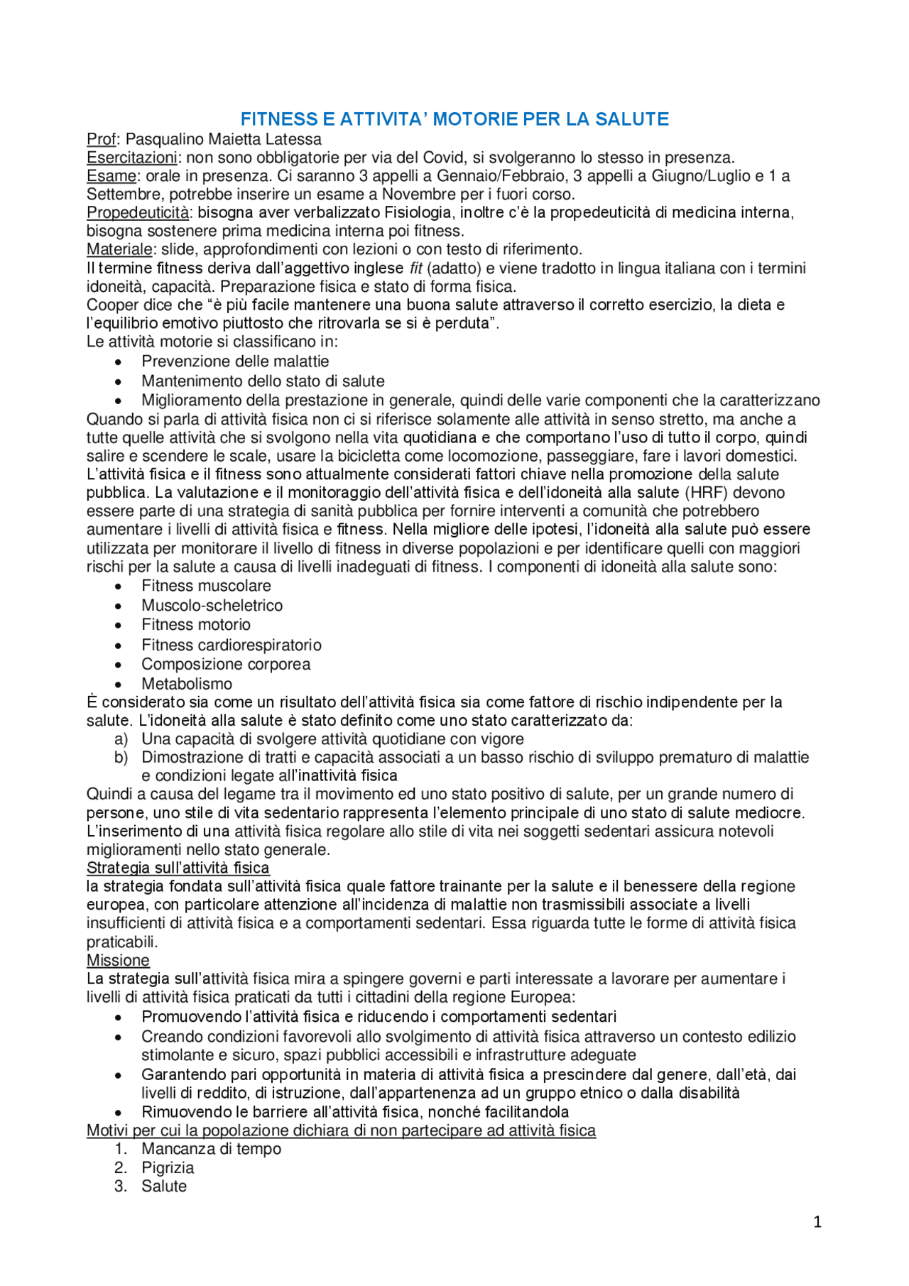 Fitness E Attivita Motorie Per La Salute Scienze Motorie Maietta Docsity
