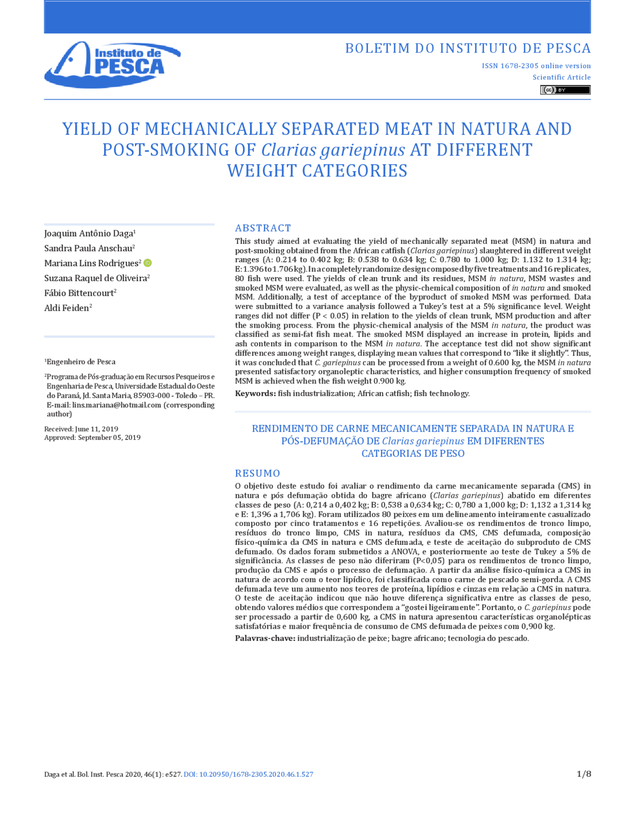 YIELD OF MECHANICALLY SEPARATED MEAT IN NATURA AND POST-SMOKING OF ...
