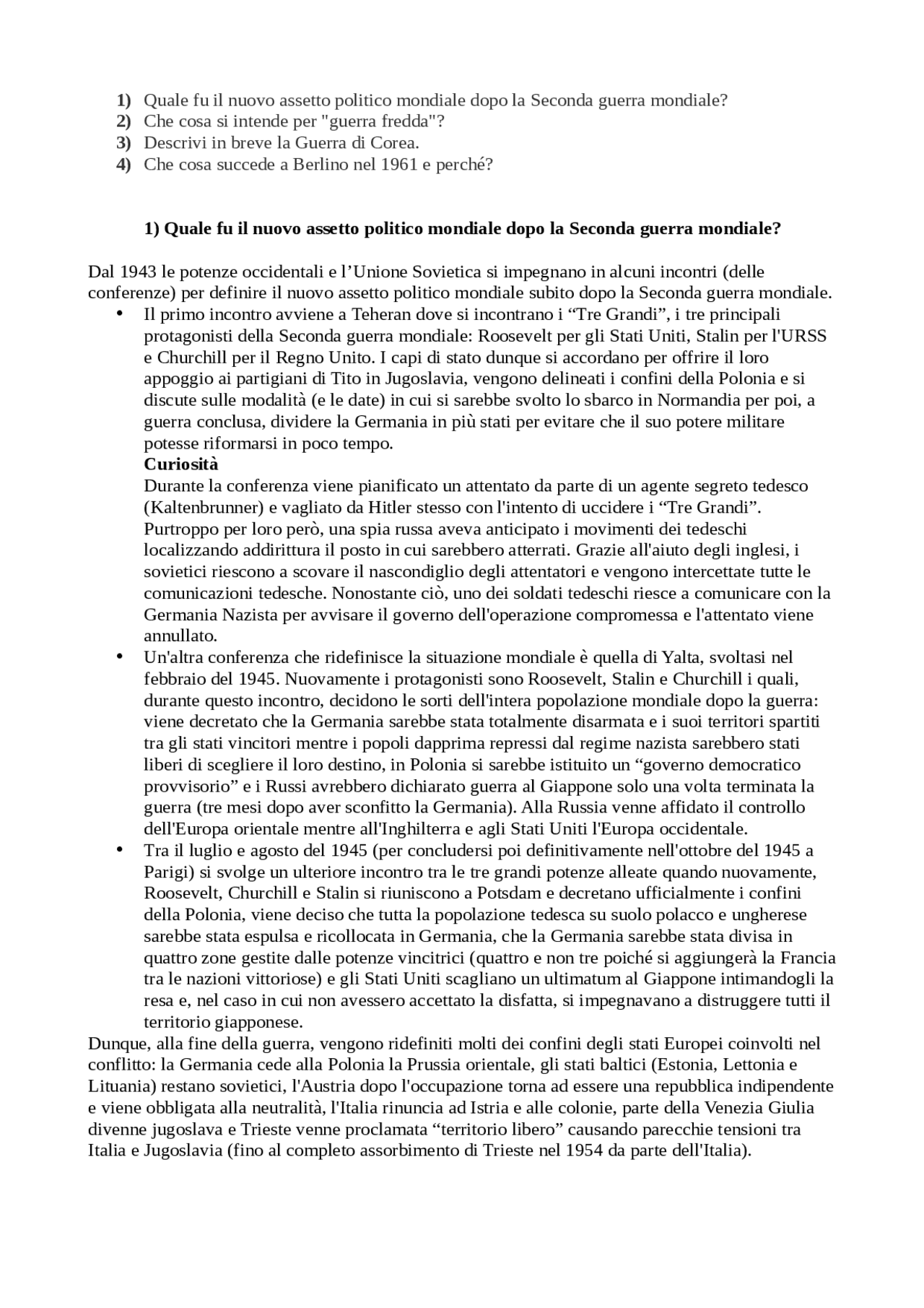 Questionario di Storia: post II Guerra Mondiale, Guerra Fredda, Guerra ...