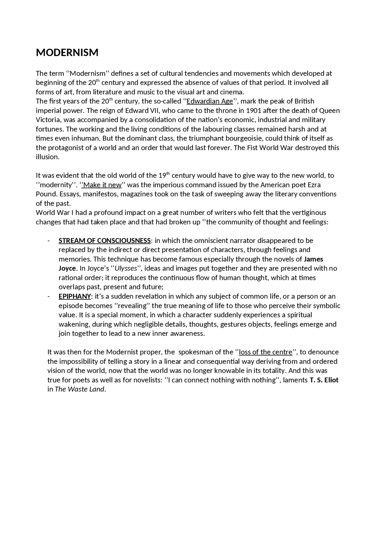 A Short Summary of Modernism in English Literature - Docsity