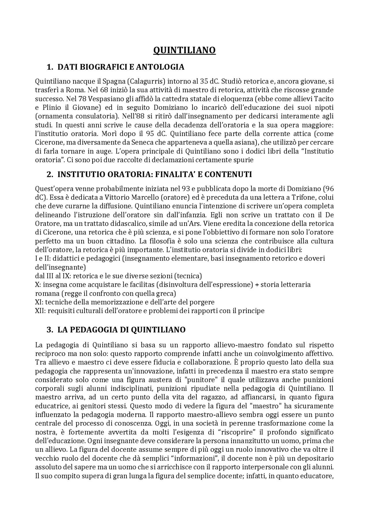 QUINTILIANO: PEDAGOGIA E CONFRONTI - Docsity
