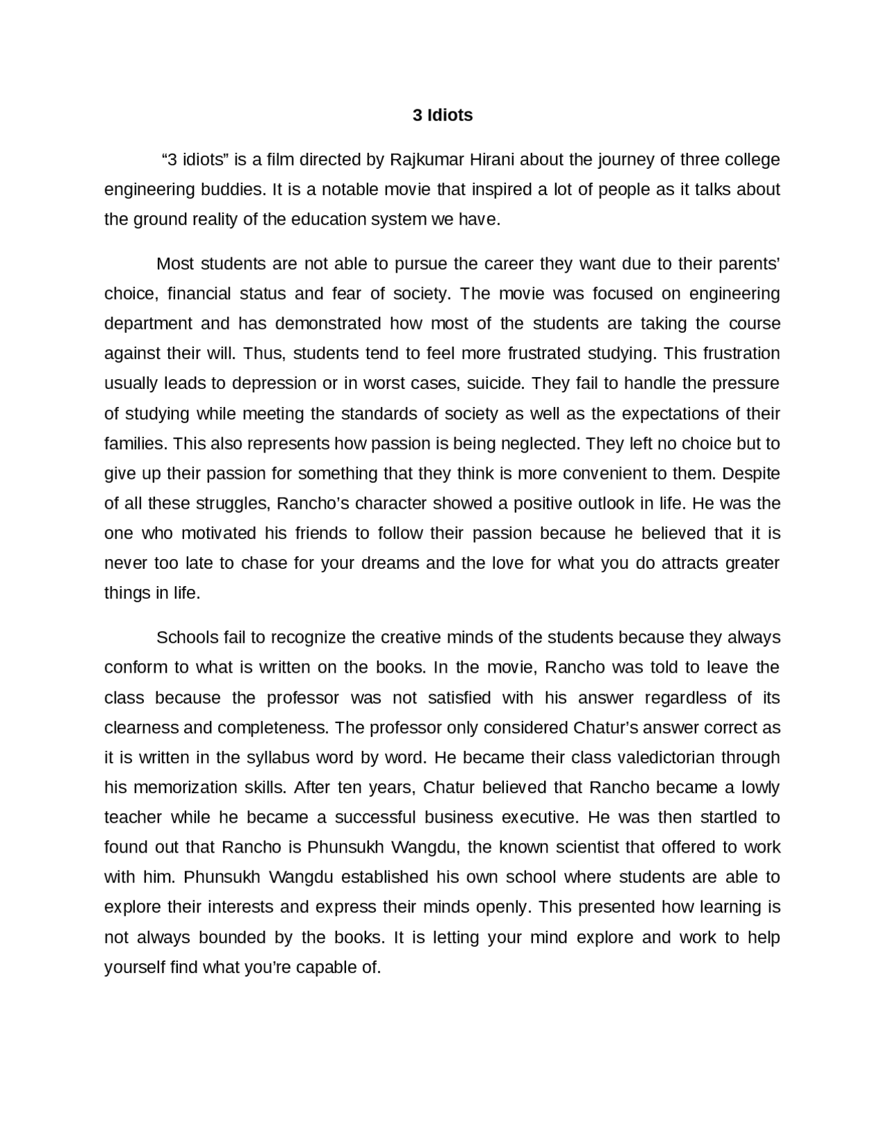 Reaction Paper for 3 idiots - Docsity