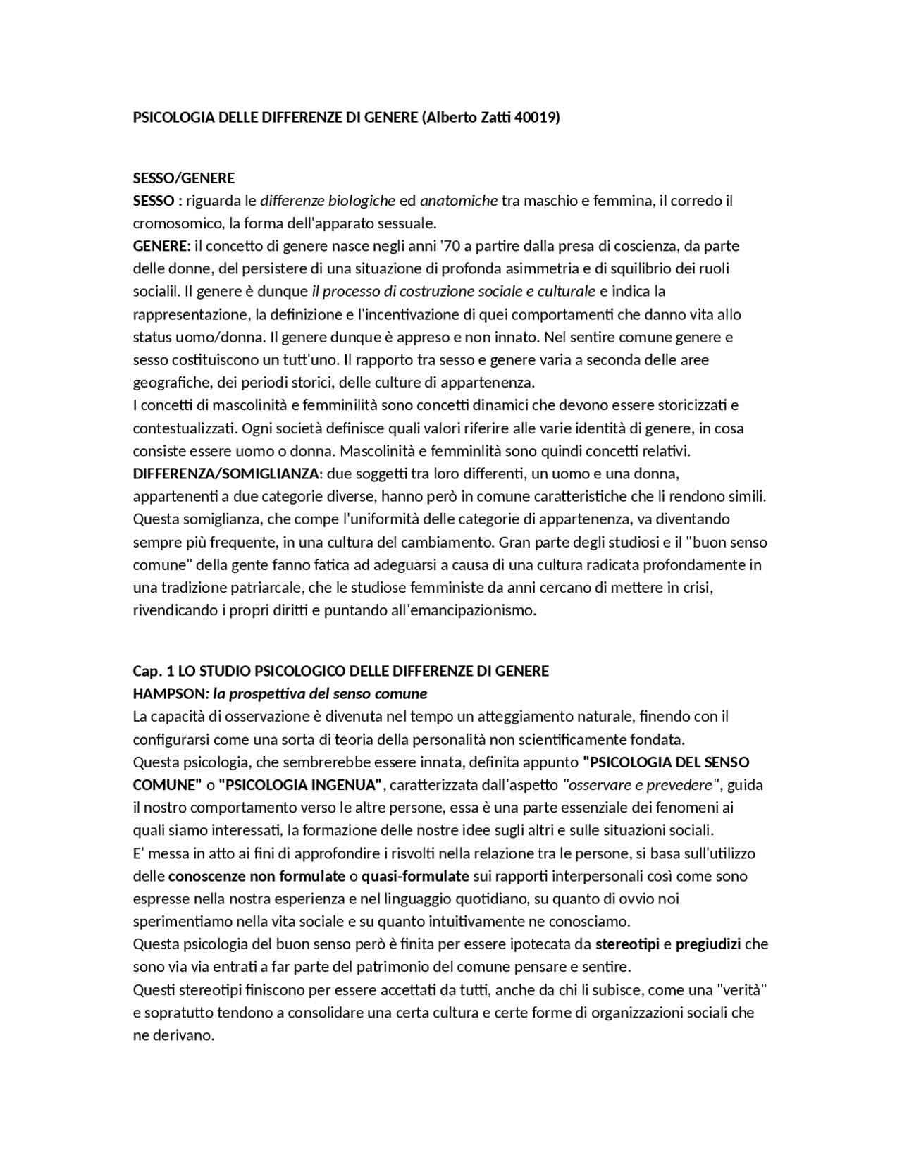Appunti Psicologia Delle Differenze Di Genere Docsity