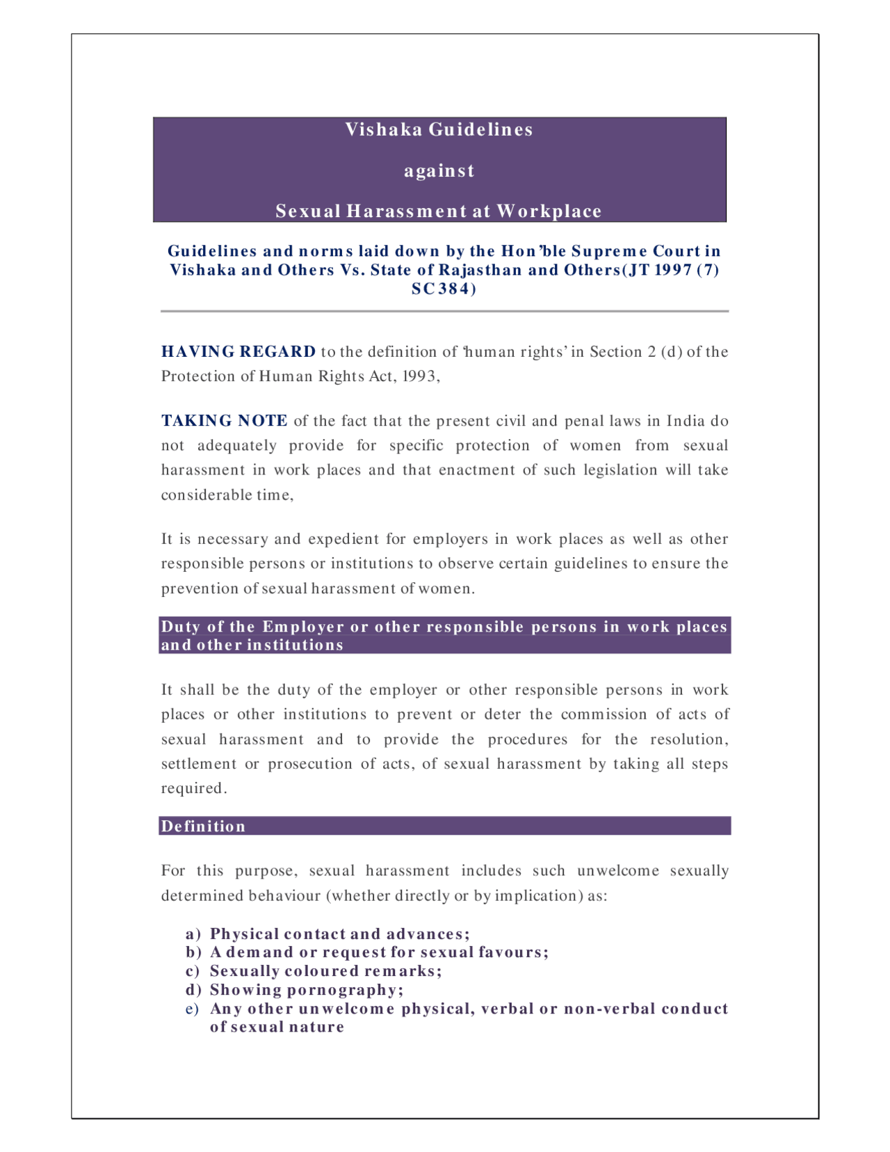 Vishaka Guidelines For Workplace Assignments Law Docsity