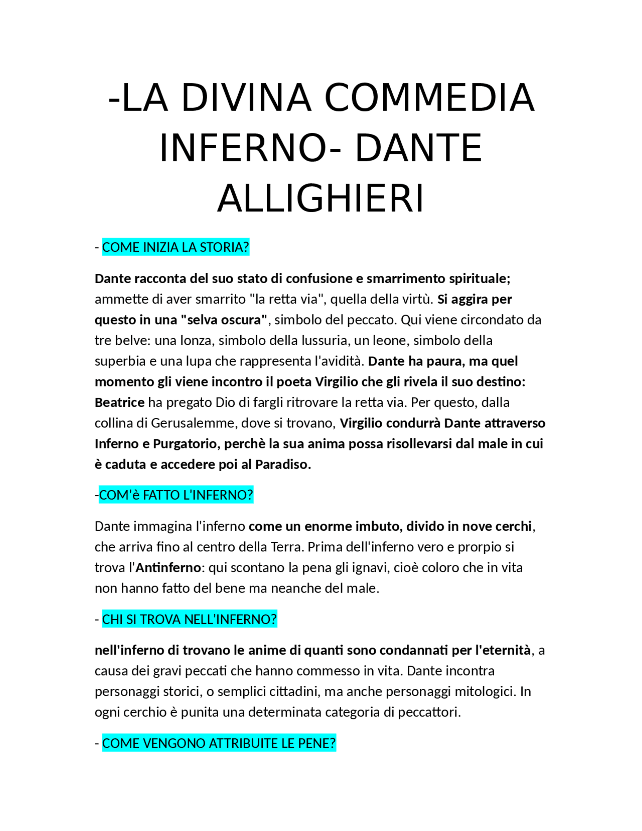 Inferno Divina Commedia Notes De Littérature Docsity