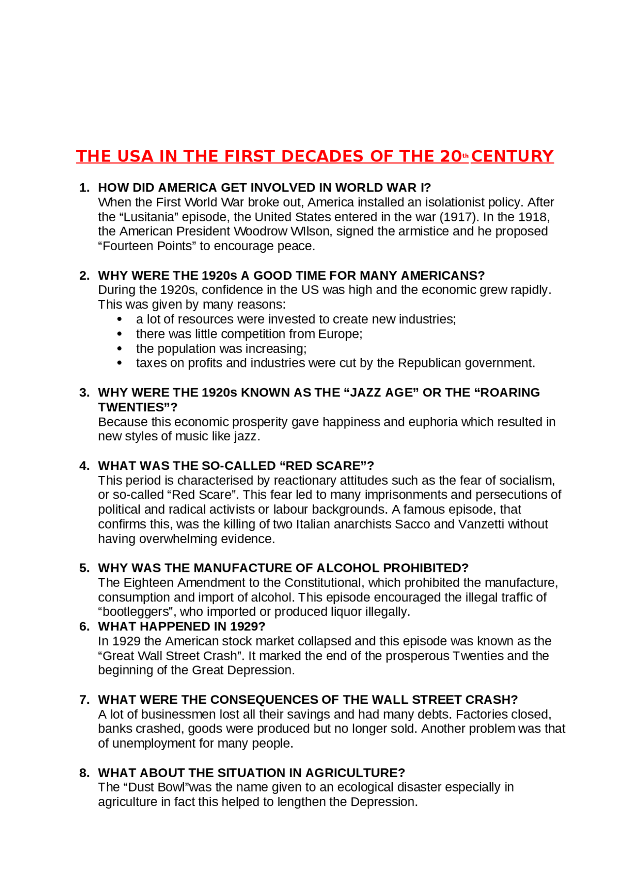 THE USA IN THE FIRST DECADES OF THE 20th CENTURY - Docsity