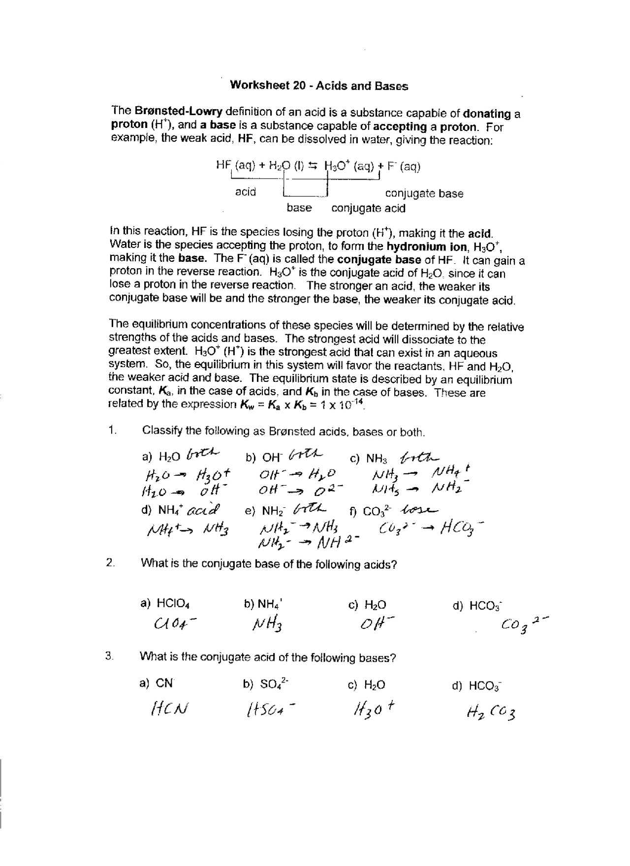 Worksheet 20: Acids and Bases with Answers - General Chemistry ...