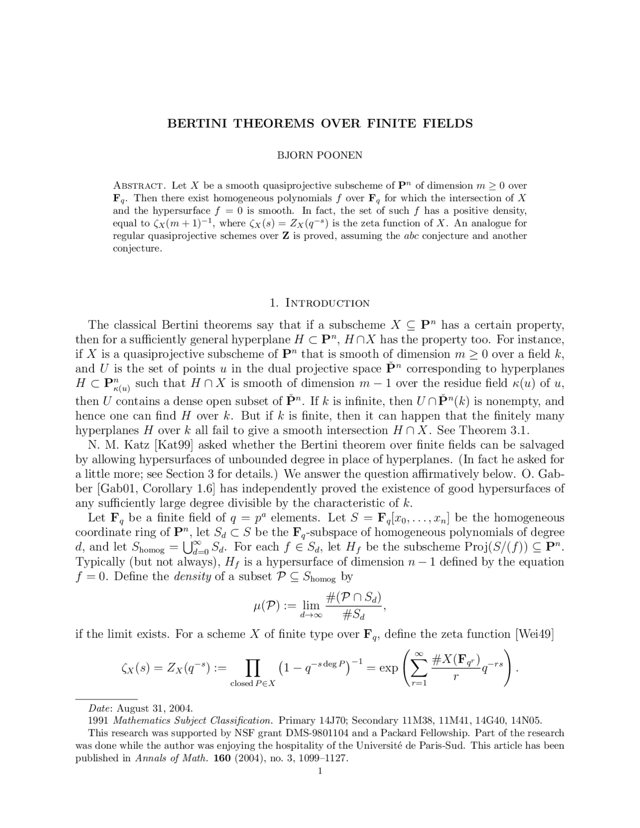 Bertini Theorems Over Finite Fields - Bjorn Poonen - Docsity