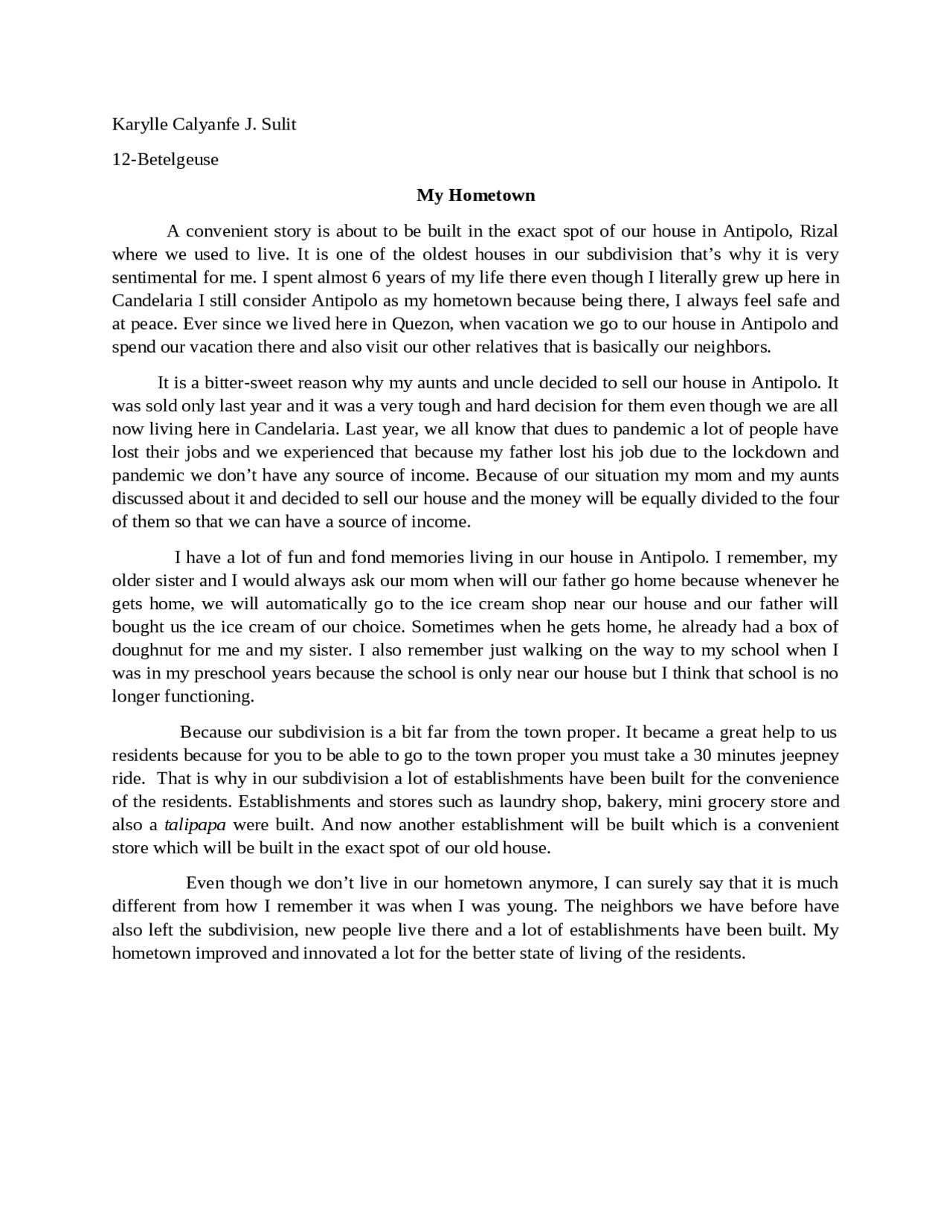 Assignment about My Hometown | Assignments English | Docsity