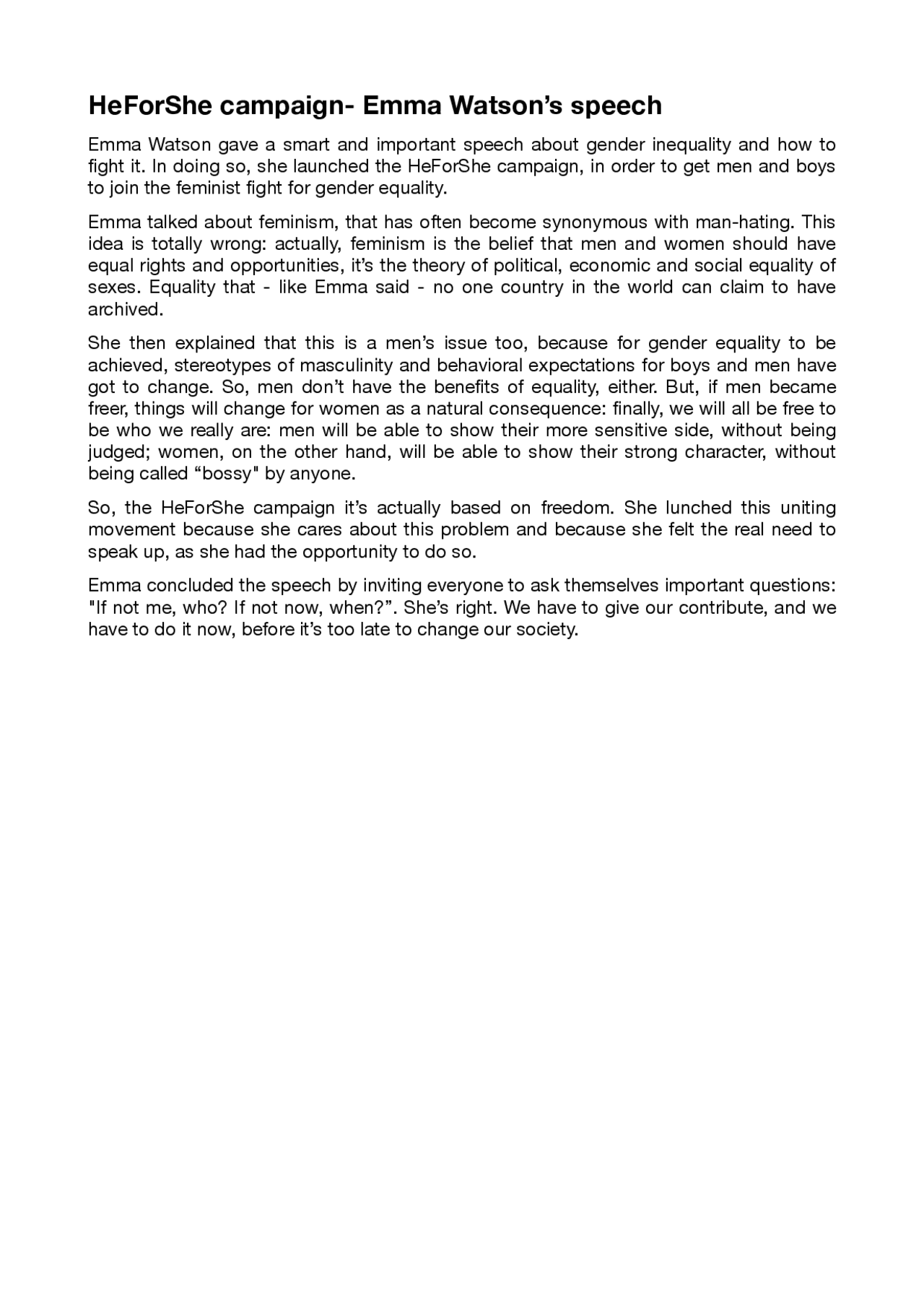 Emma Watson’s Speech, 2014 | Sintesi del corso di Inglese | Docsity