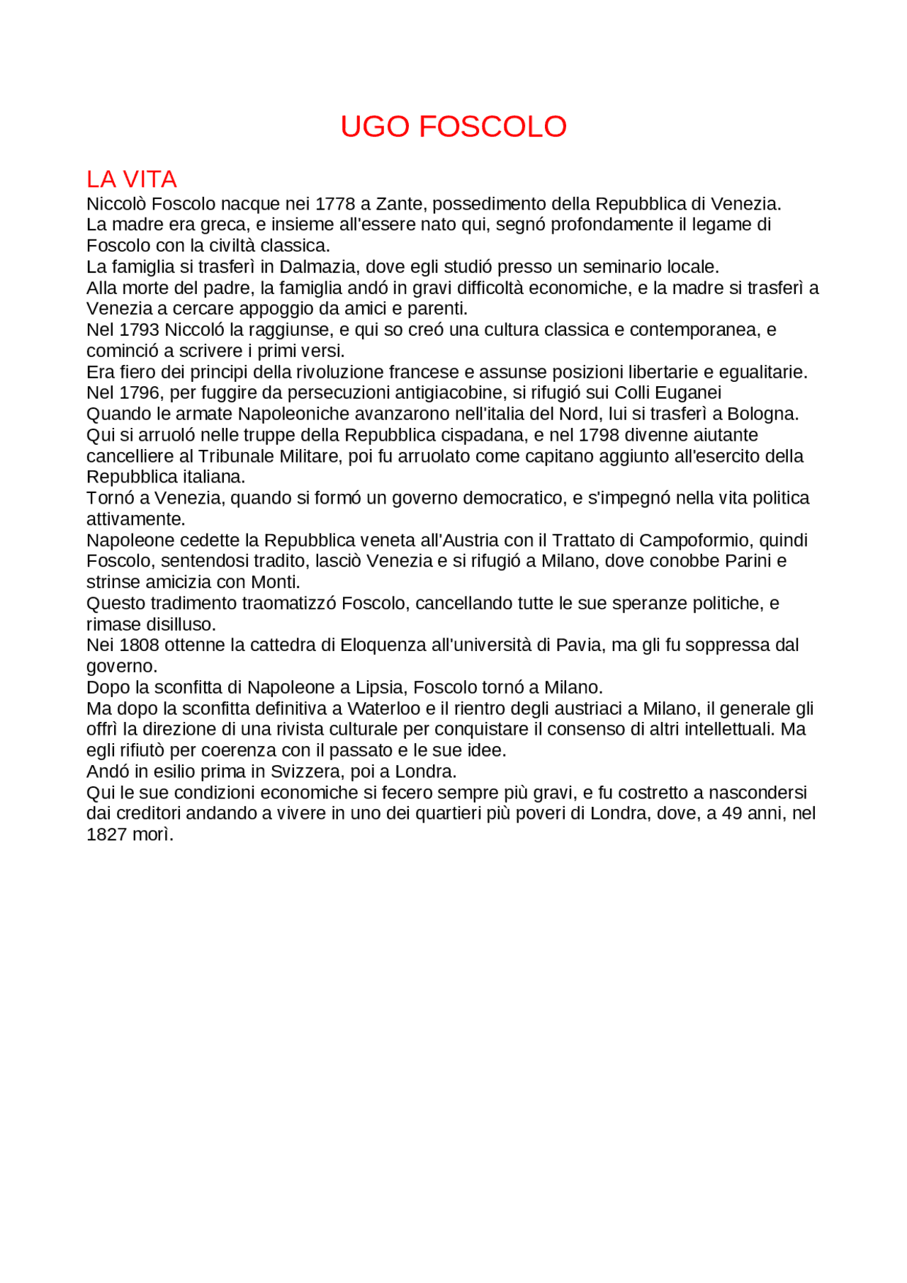 Ugo Foscolo Vita E Poetica Docsity