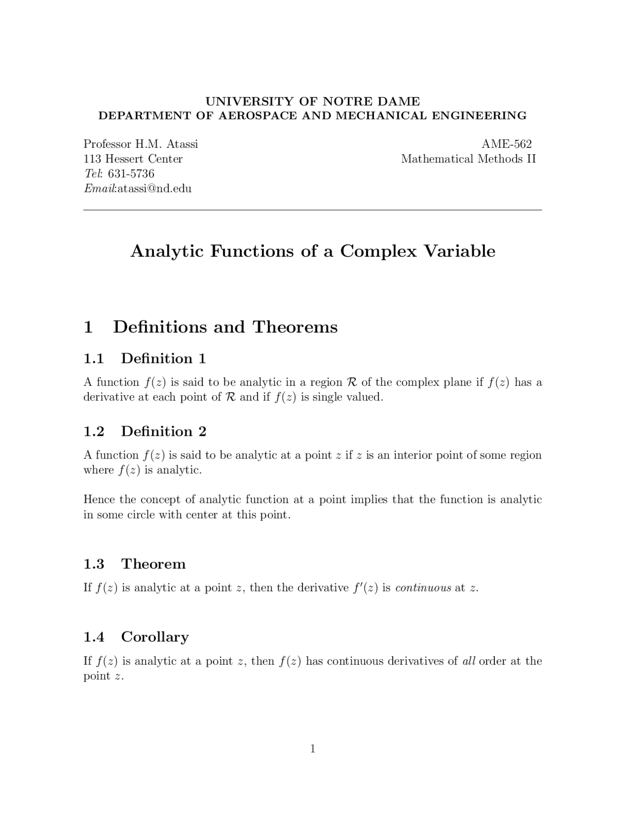 Analytic Functions Of A Complex Variable Mathematical Methods Ii Docsity