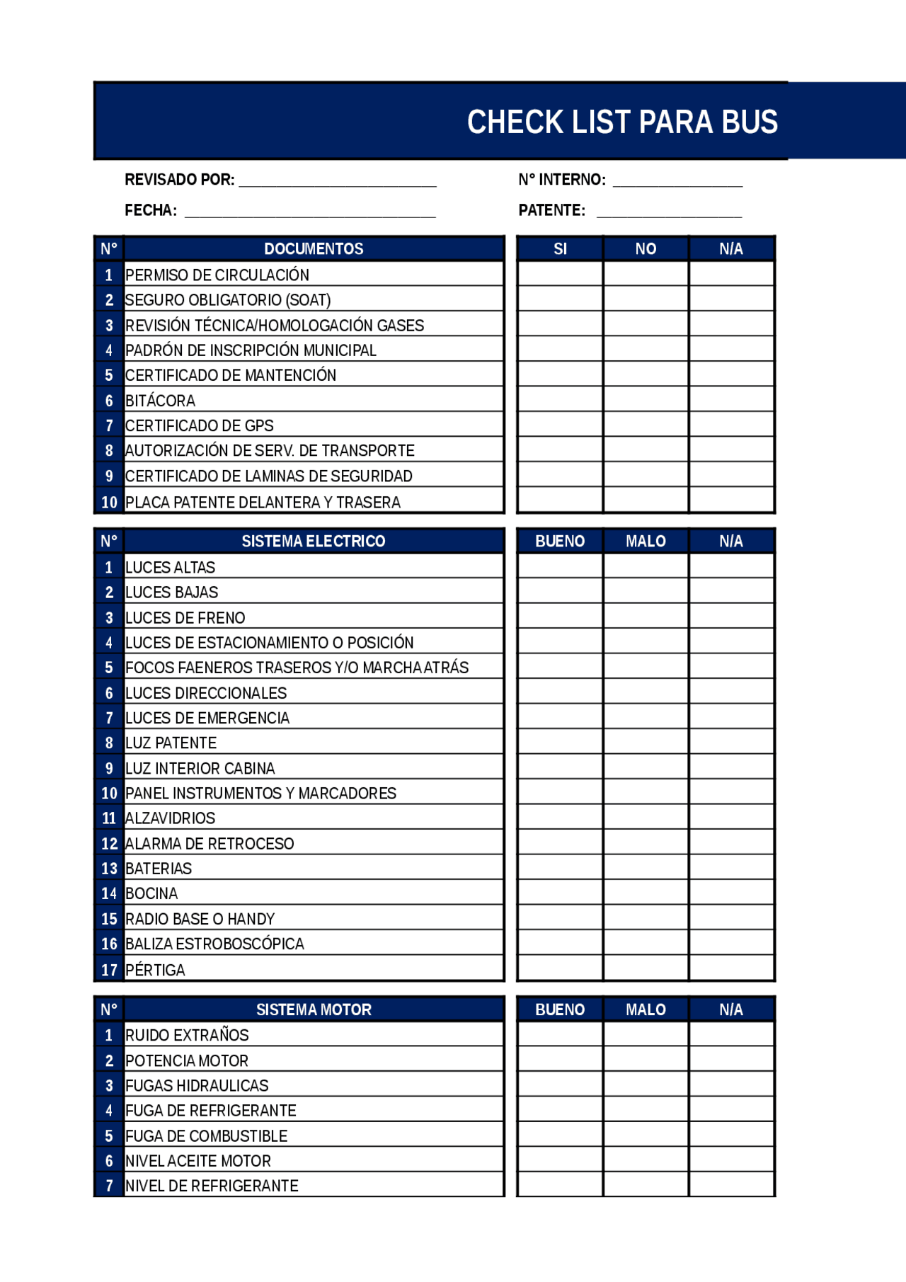 CHECK LIST - REVISIÓN DEL BUS | Guías, Proyectos, Investigaciones de ...