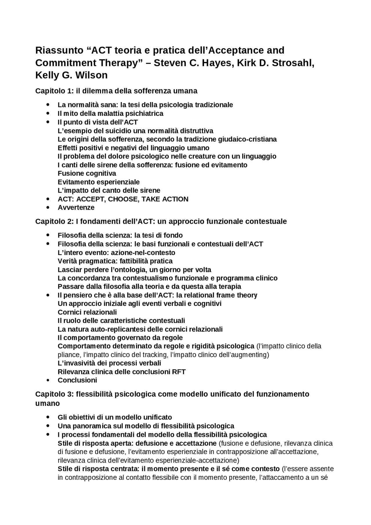 Riassunto libro "ACT - teoria e pratica dell'Acceptance and Commitment ...