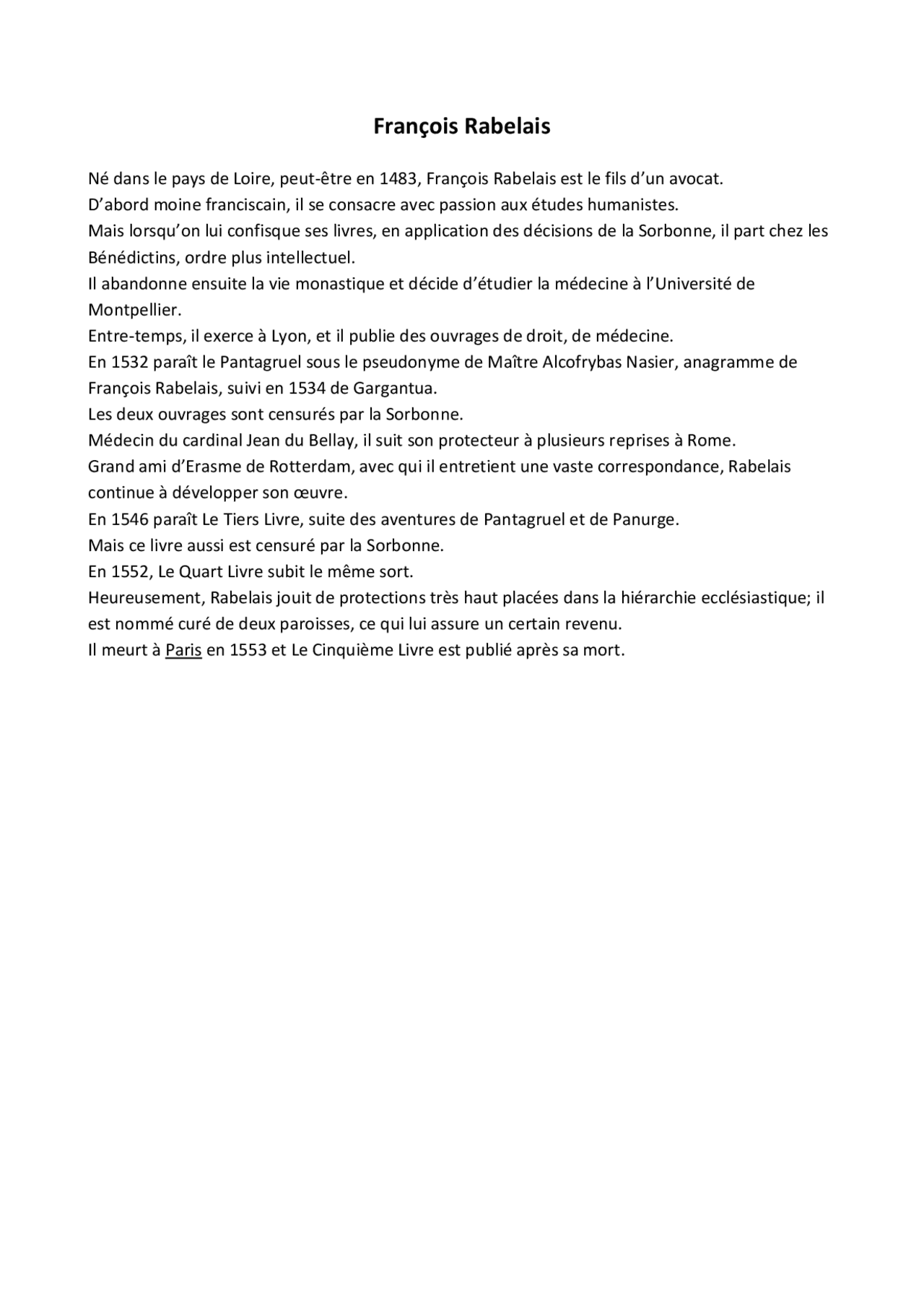 Francois Rabelais Autore Francese Docsity