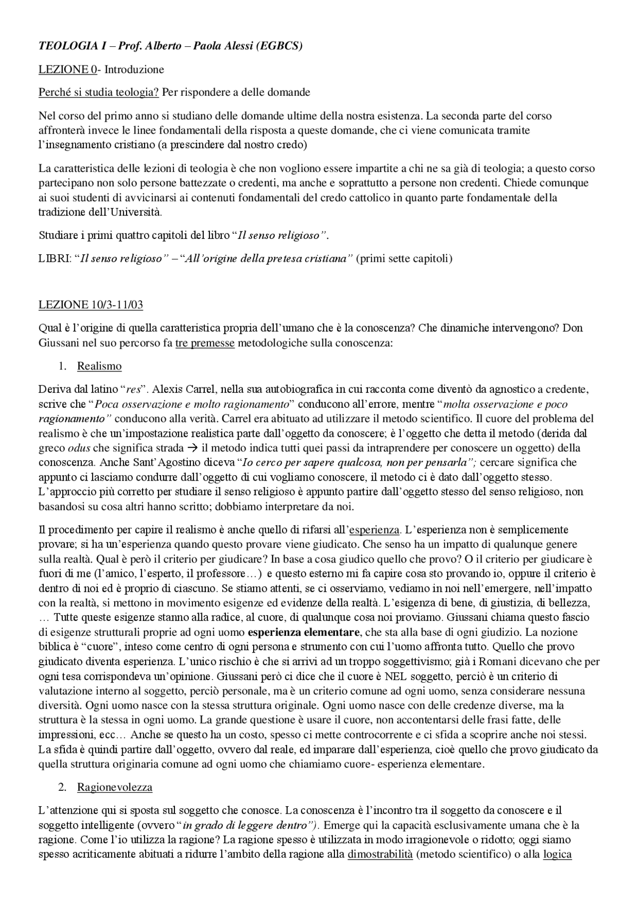 Appunti Completi Di Teologia I Prof Alberto Docsity