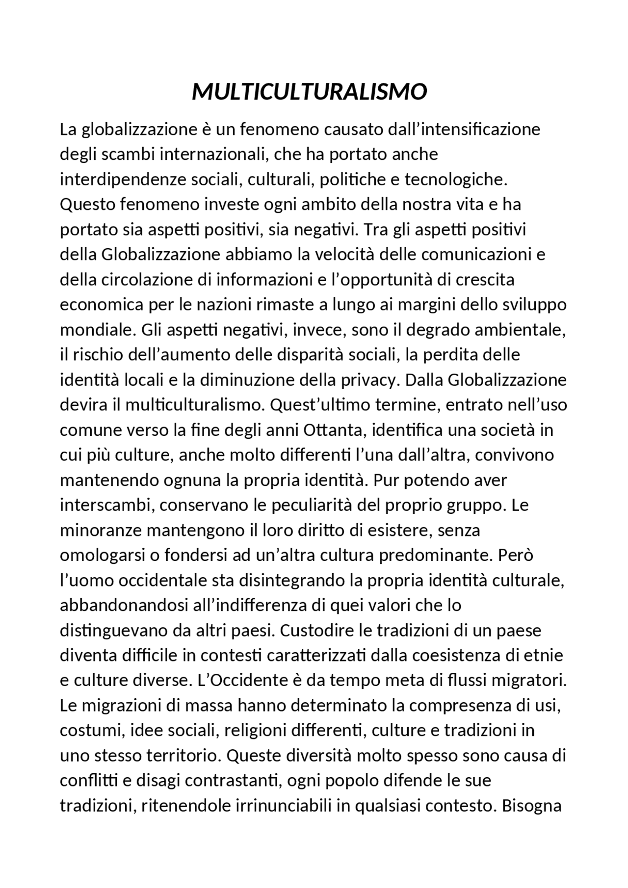 Il multiculturalismo (ricerca fatta al liceo) - Docsity